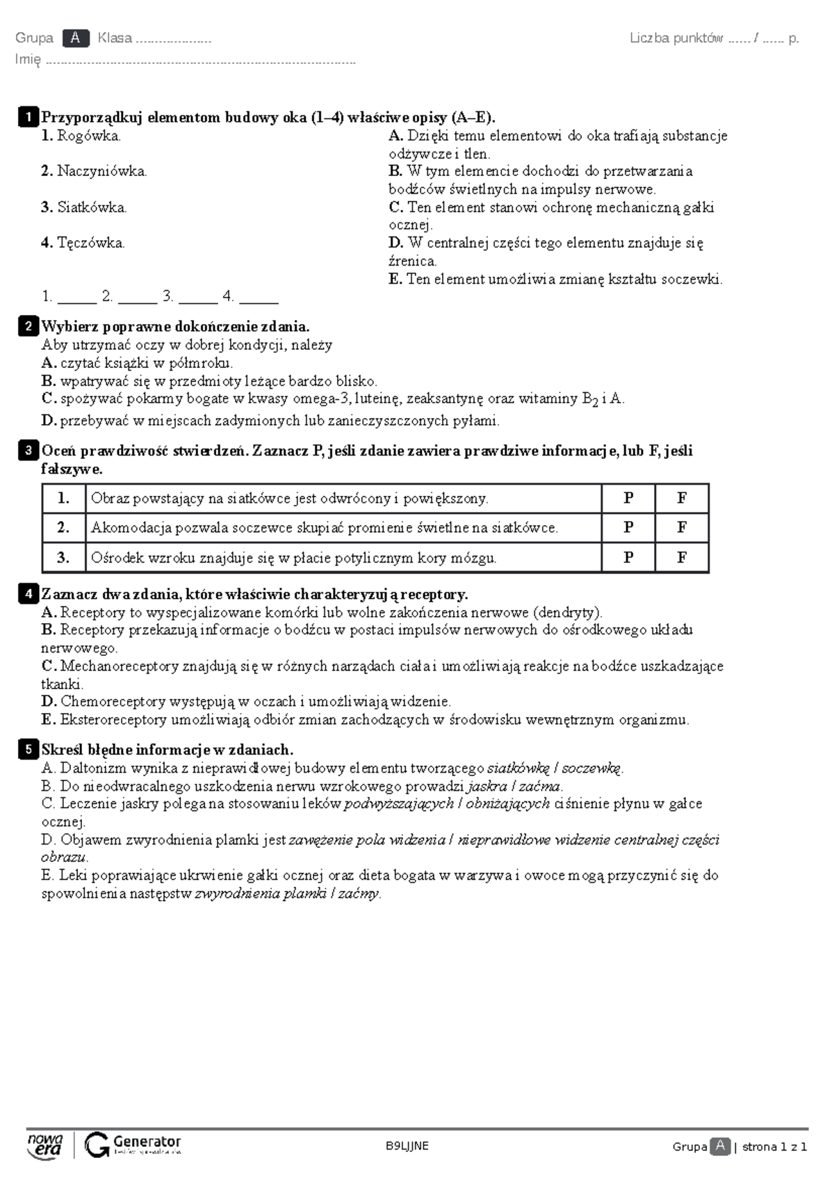 Budowa i działanie narządu wzroku Test - B9LJJNE Grupa A | strona 1 z 1 ...