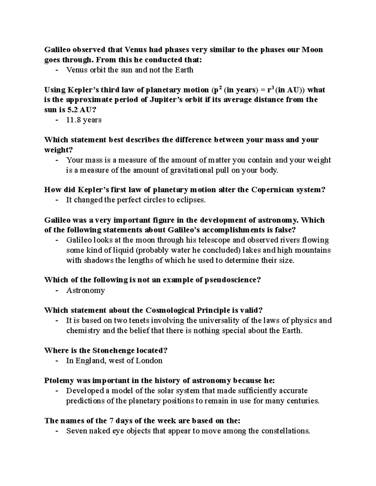 Astronomy Quiz: Galileo Planetary Motion and Celestial Objects - Studocu