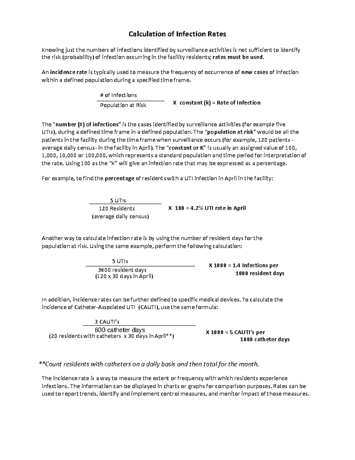 infection rates - 60 0 catheter days Calculation of Infection Rates ...