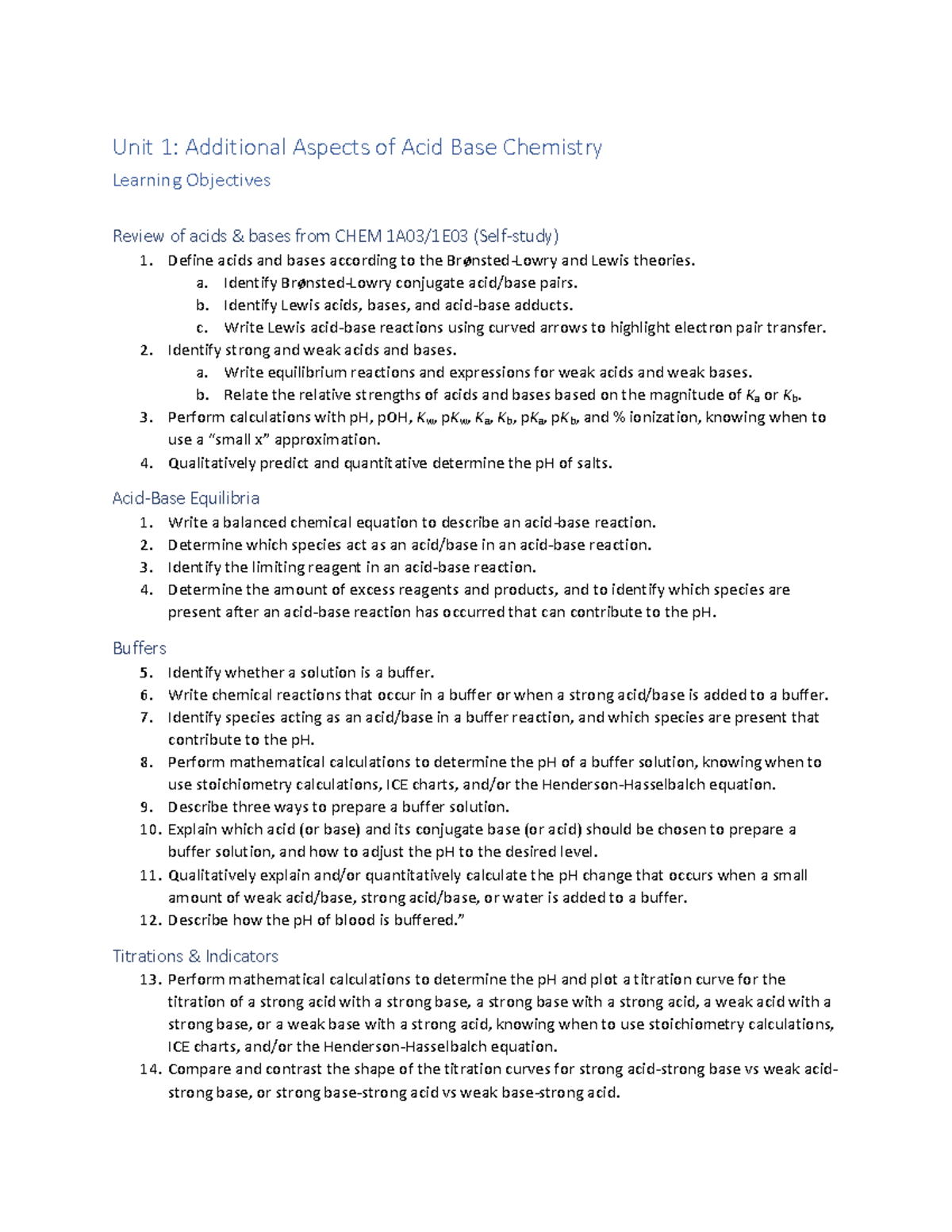 Unit 1 - Acid Base Learning Objectives 2021 Final - Unit 1: Additional ...