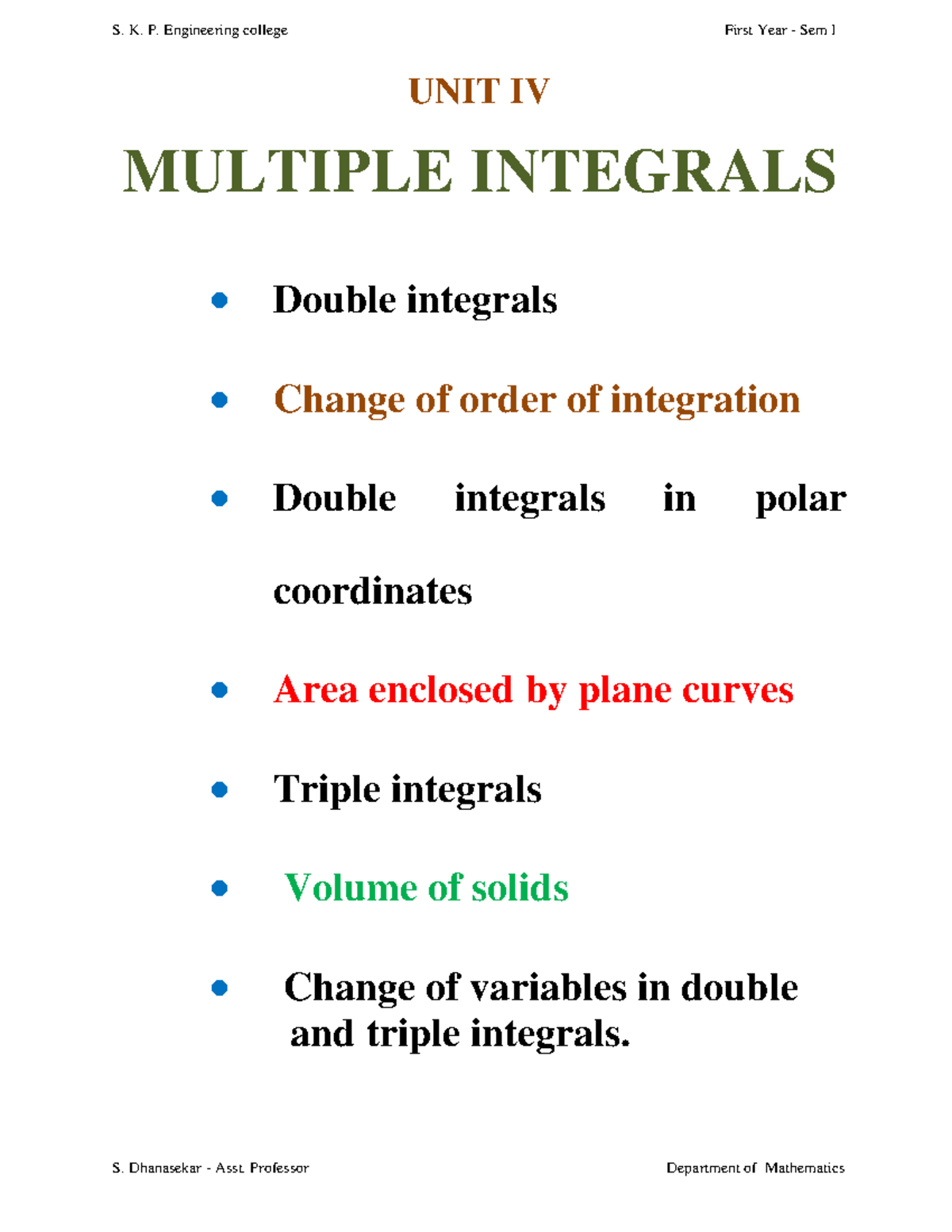 UNIT 4 Multiple Integrals PPT - Academic year 2020 TO 2021 - UNIT IV MULTIPLE INTEGRALS Double ...