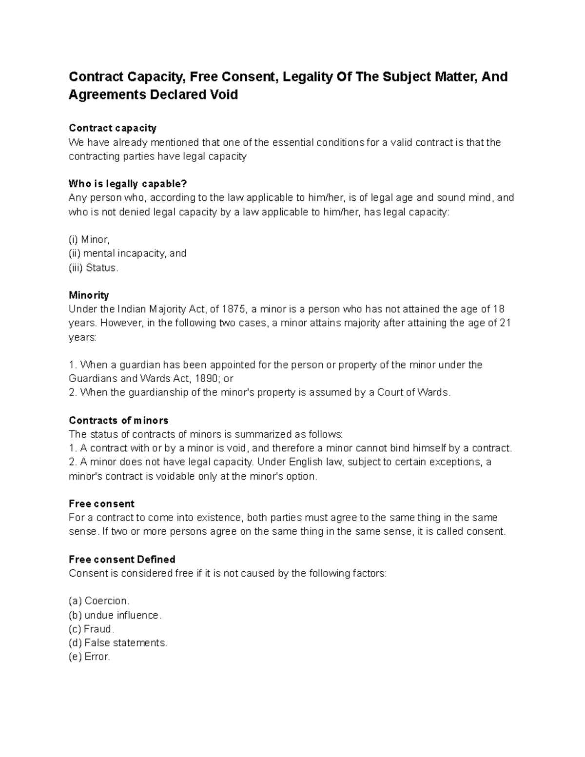 Contract Capacity, Free Consent, Legality Of The Subject Matter, And ...