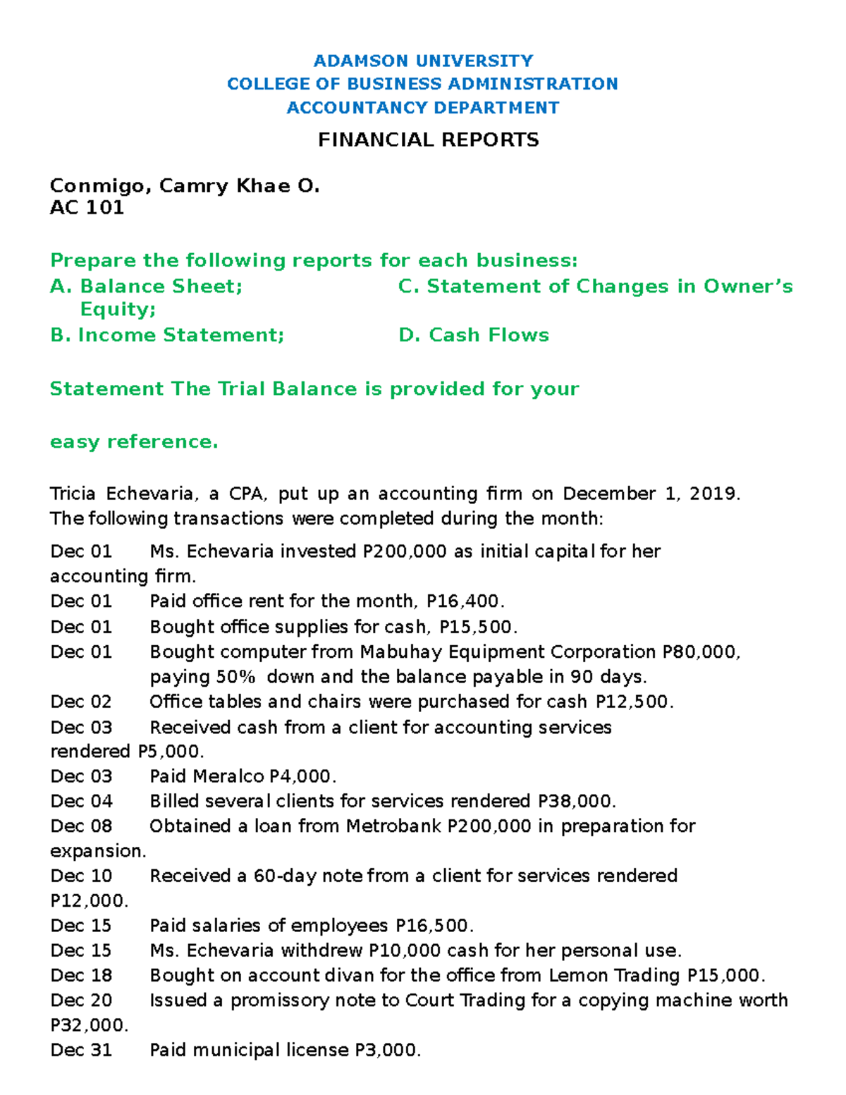 Financial Accounting & Reporting: Financial Reports (Sample & Exercises ...