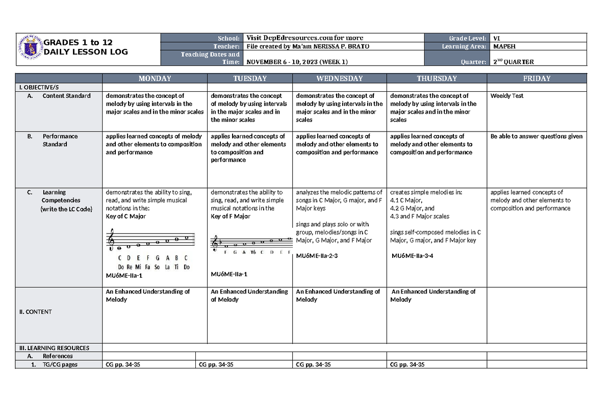 DLL Mapeh 6 Q2 W1 - DETAILED LESSON PLAN - GRADES 1 to 12 DAILY LESSON LOG School: Visit - Studocu