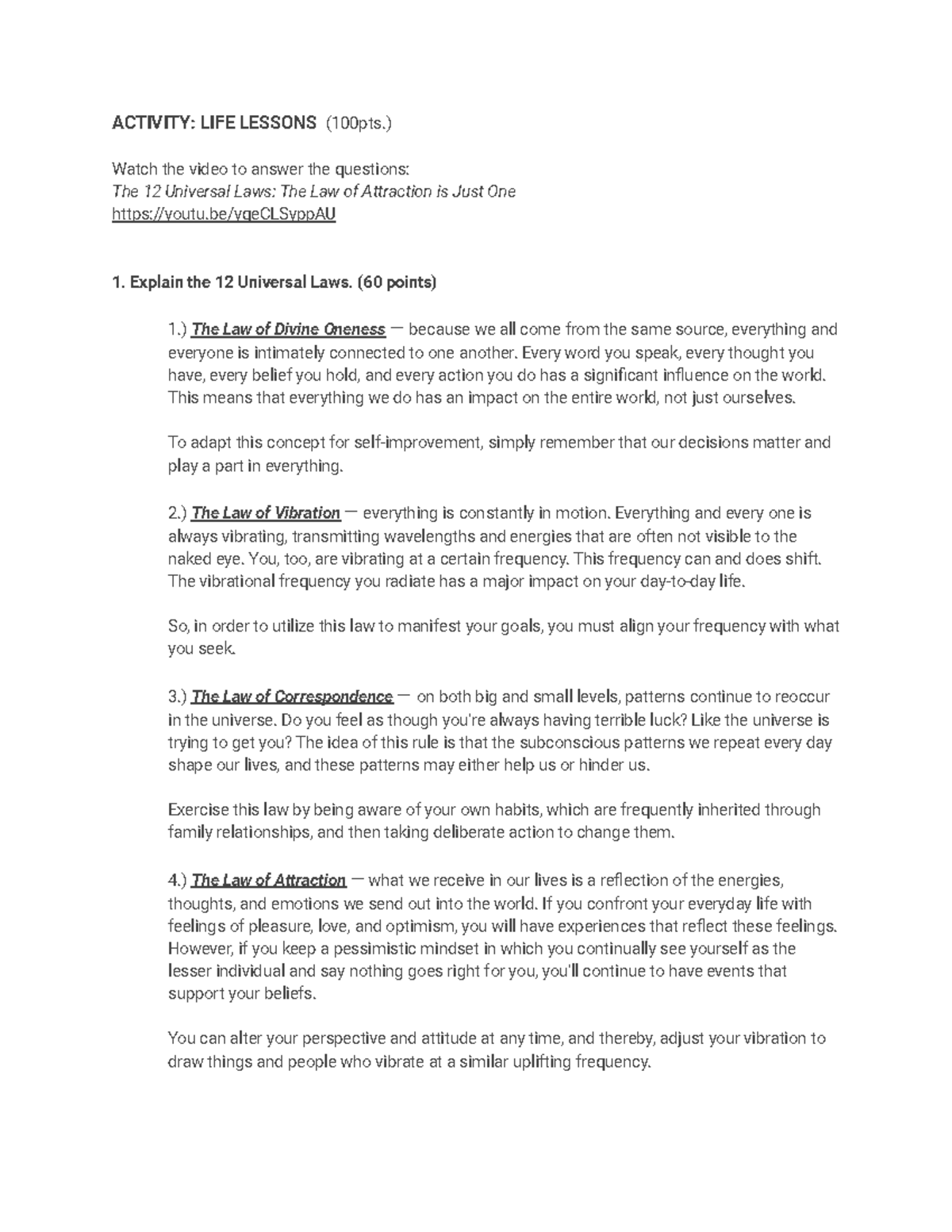 Understanding the Self - Life Lessons - ACTIVITY: LIFE LESSONS (100pts ...