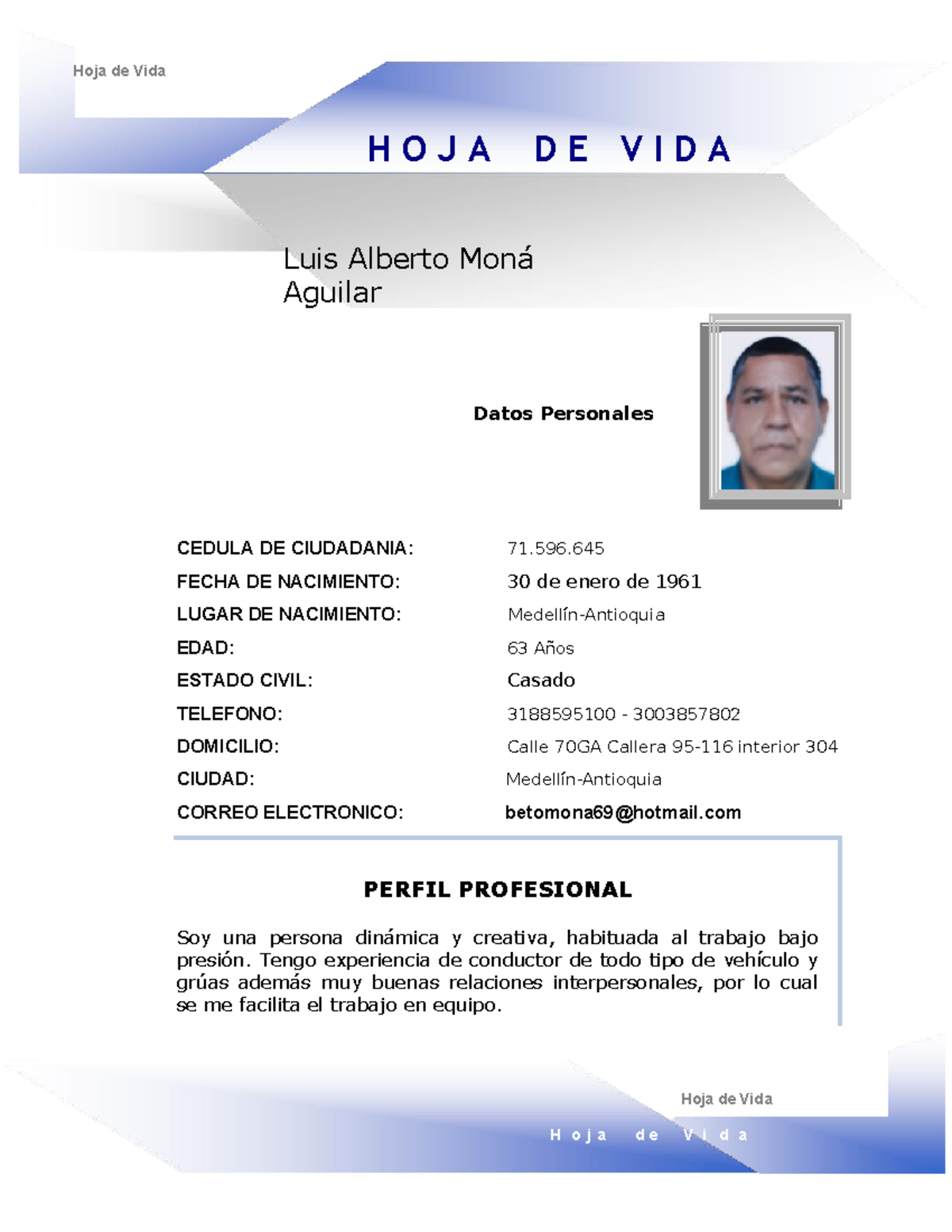 Hoja de vida Luis Alberto Mona A. - Datos Personales CEDULA DE ...