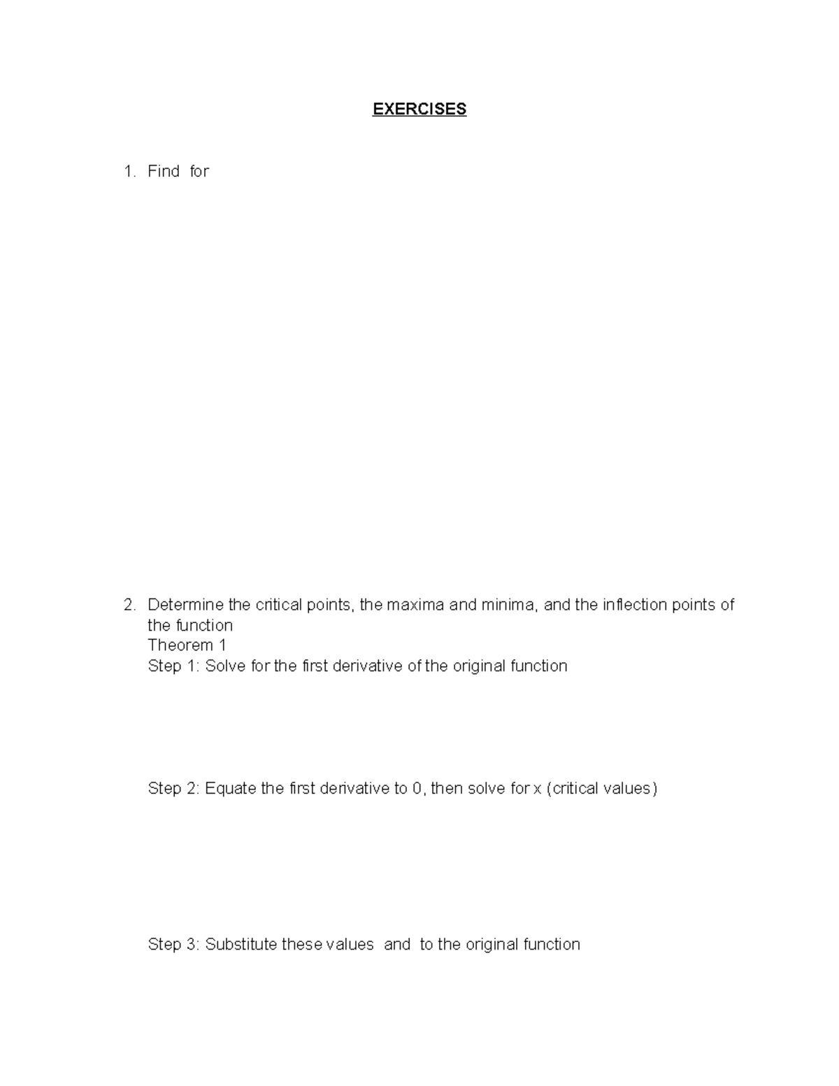 Calculus Exercises - EXERCISES Find for Determine the critical points ...