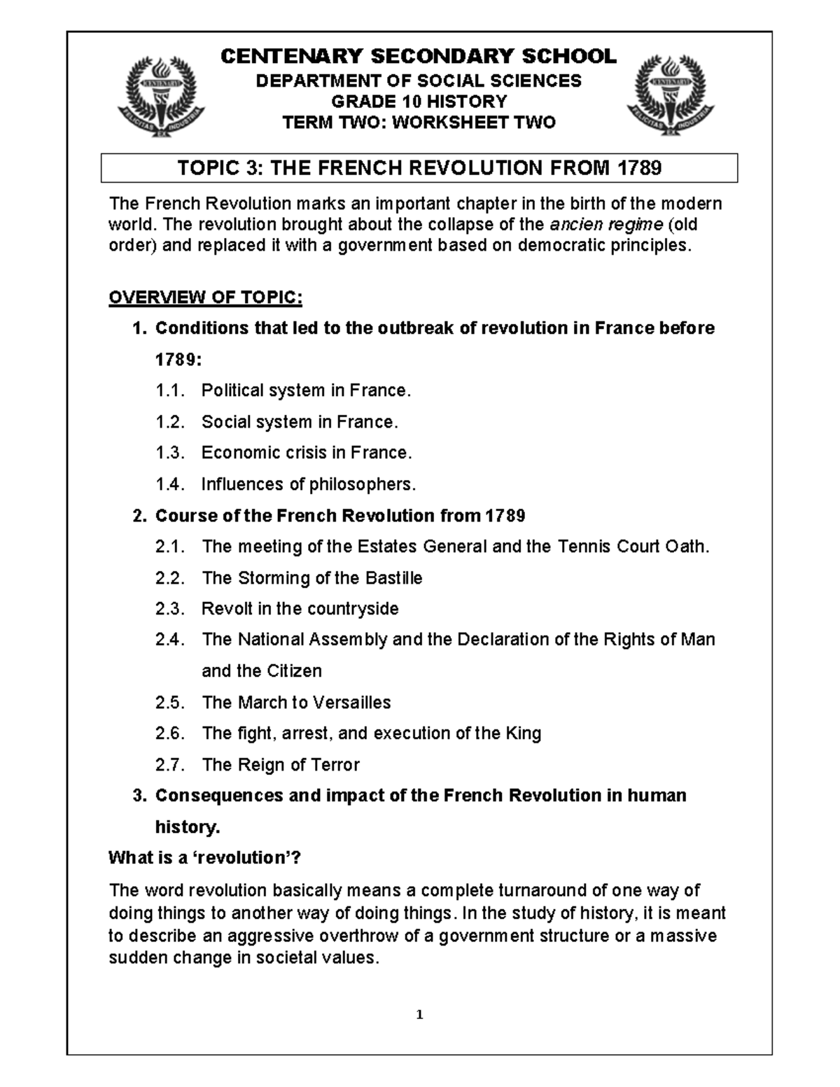 Hist 10 t2 French Revolution notes - TOPIC 3: THE FRENCH REVOLUTION ...