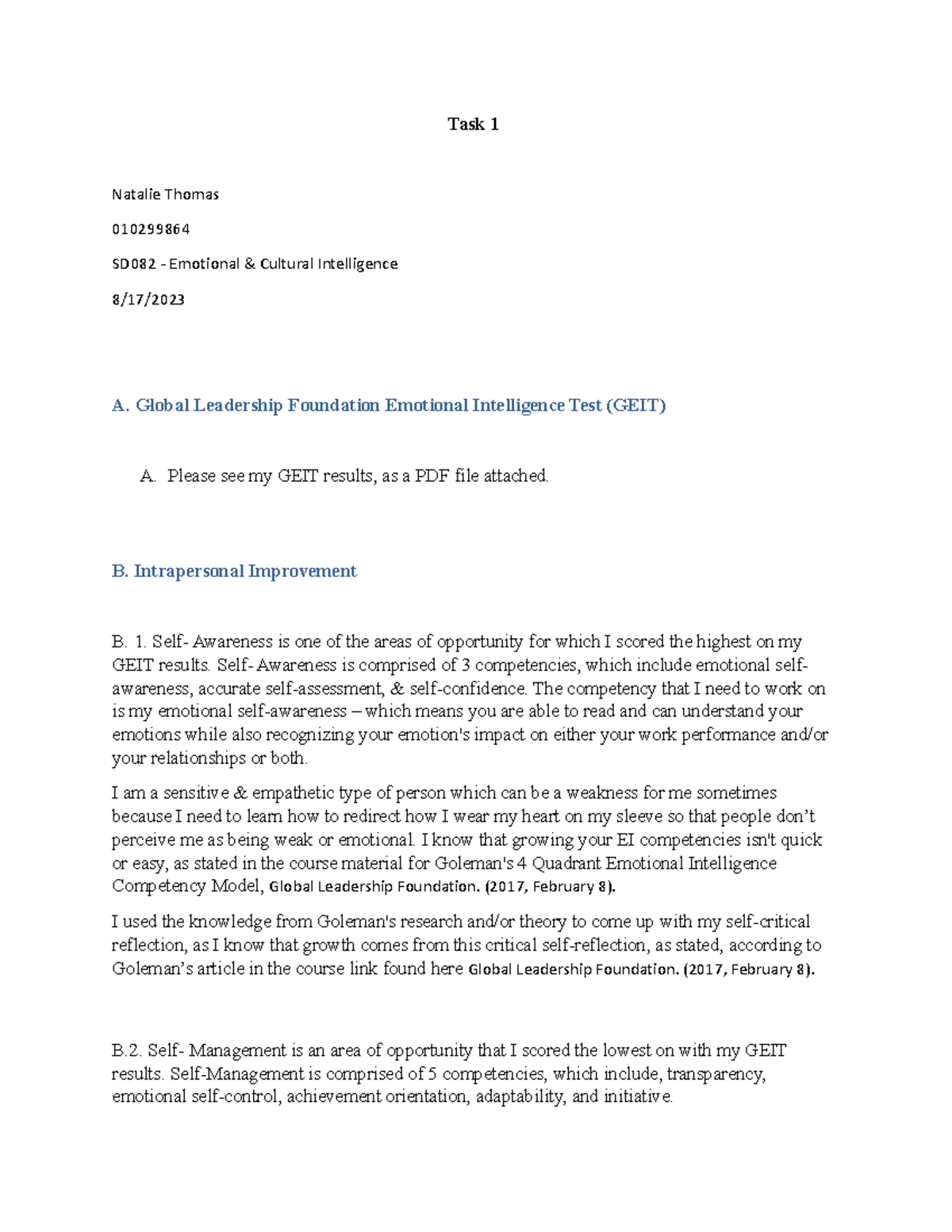 D082 Task 1 Paper 8 - Task 1 Natalie Thomas 010299864 SD082 - Emotional ...