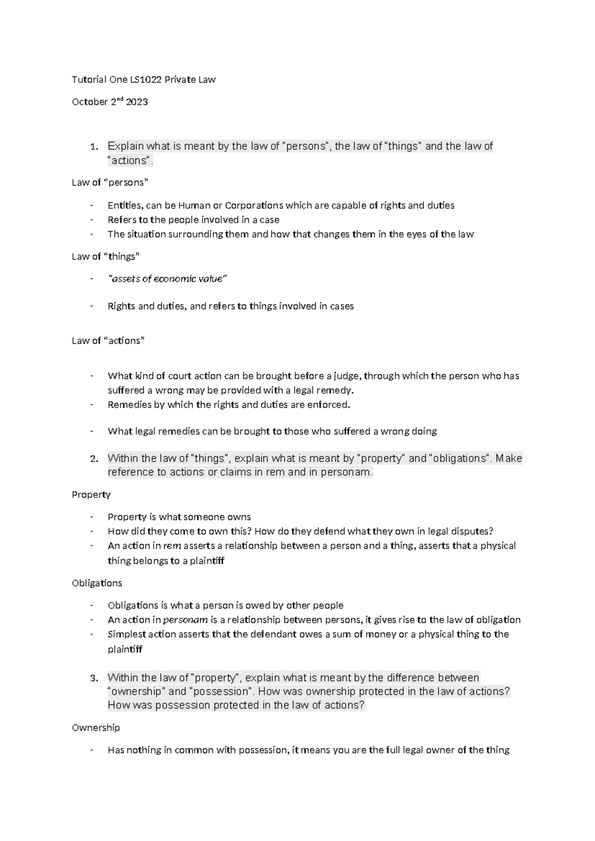 LS1022 Tutorial 1 - Tutorial One LS1022 Private Law October 2nd 2023 1. Explain what is meant by ...