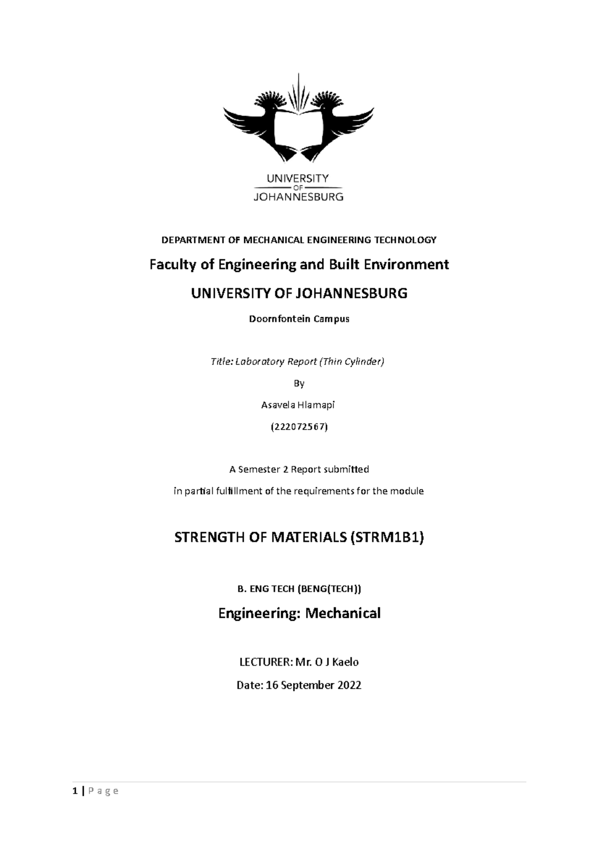 STRM1B1 LAB Report - DEPARTMENT OF MECHANICAL ENGINEERING TECHNOLOGY ...