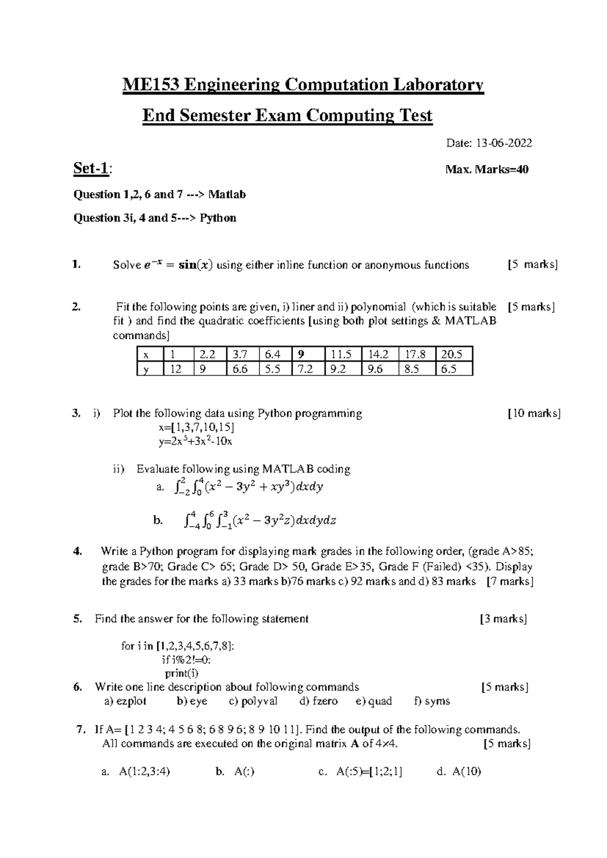 Set 1 mech b - Maths - ME153 Engineering Computation Laboratory End ...