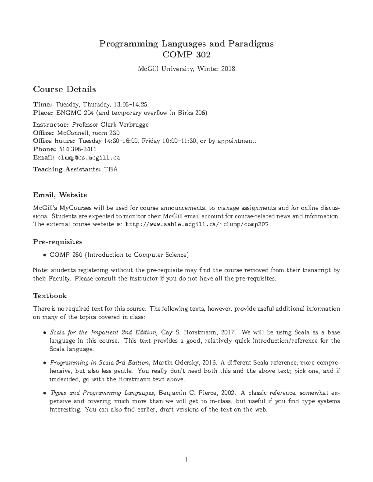 Syllabus - Course Outline - Programming Languages and Paradigms COMP 302 McGill University ...