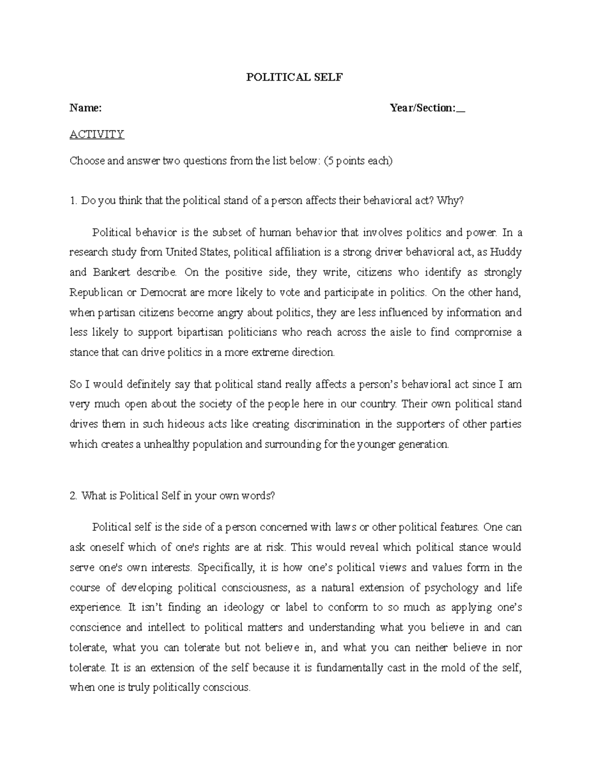 Political Self Activity - POLITICAL SELF Name: Year/Section: ACTIVITY ...