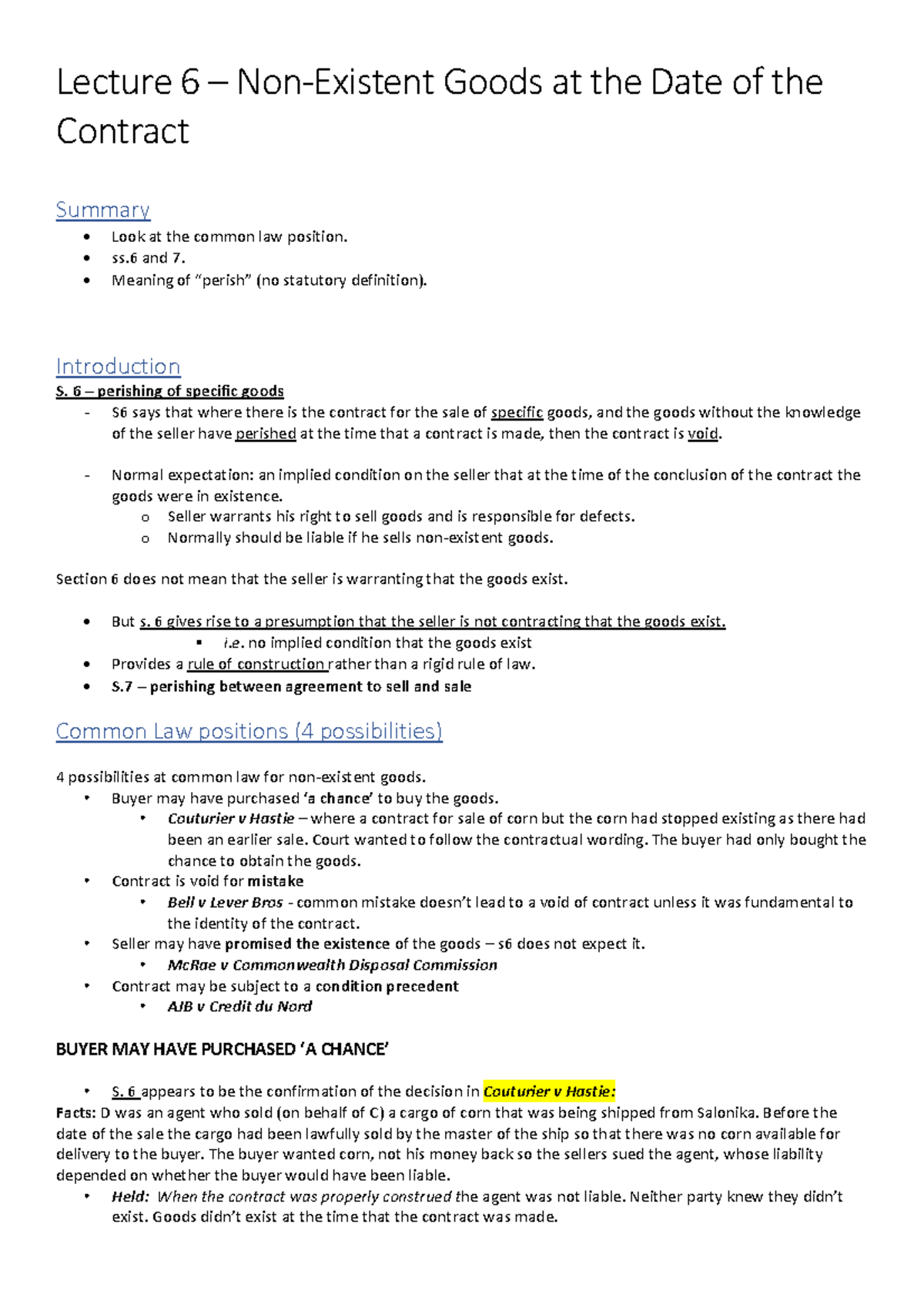 Non-Existent Goods at the Date of the Contract lecture 6 notes ...