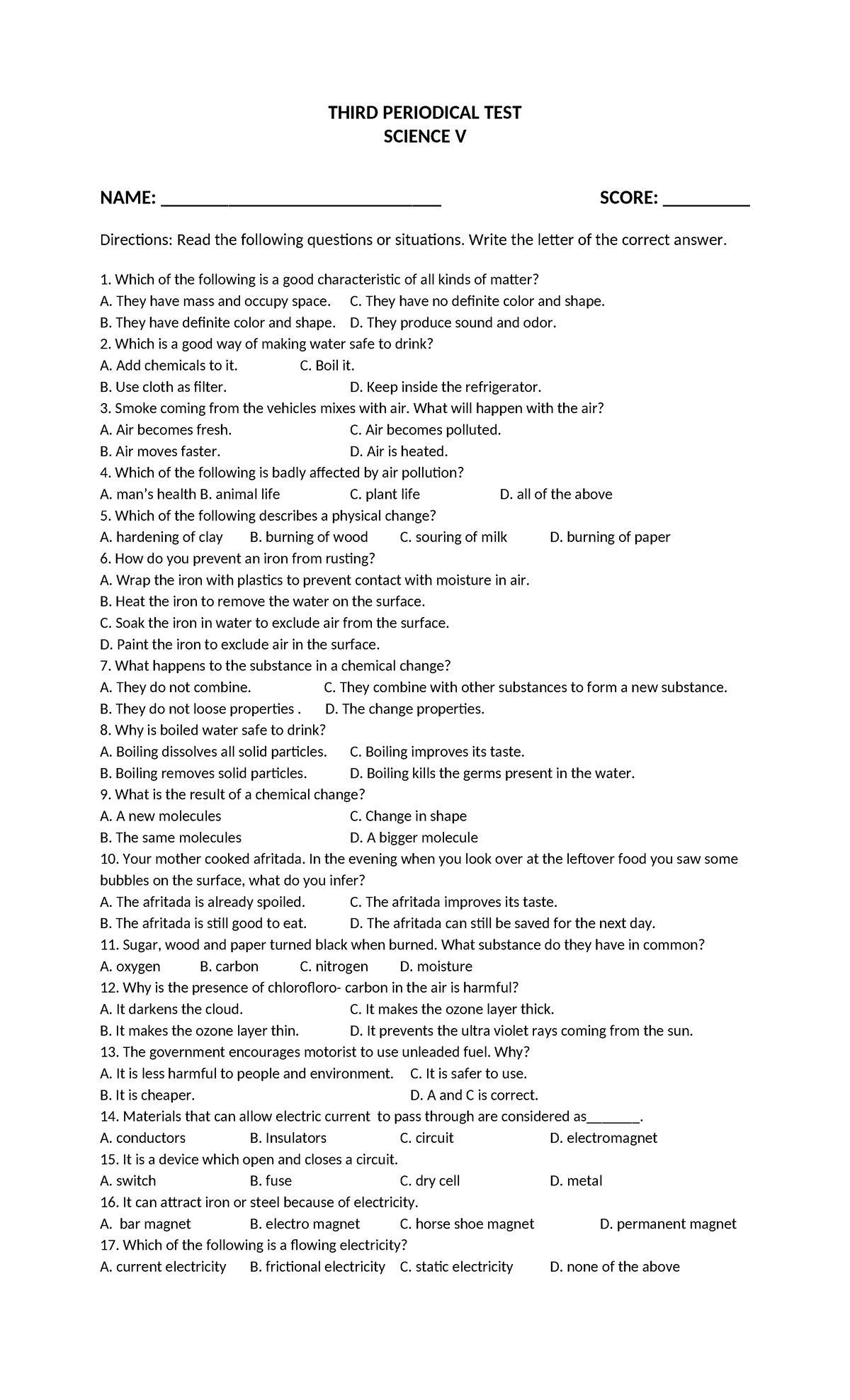 PT Science 5 Q3 - Assessment - THIRD PERIODICAL TEST SCIENCE V NAME