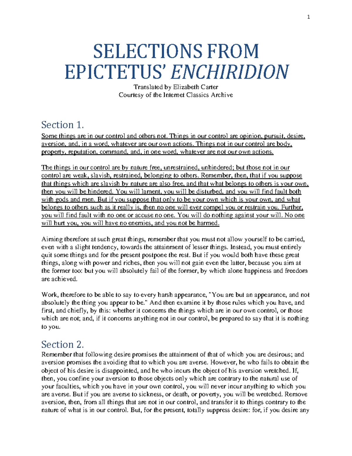 Reading 2.3- Epictetus, Enchiridion - SELECTIONS FROM EPICTETUS ...