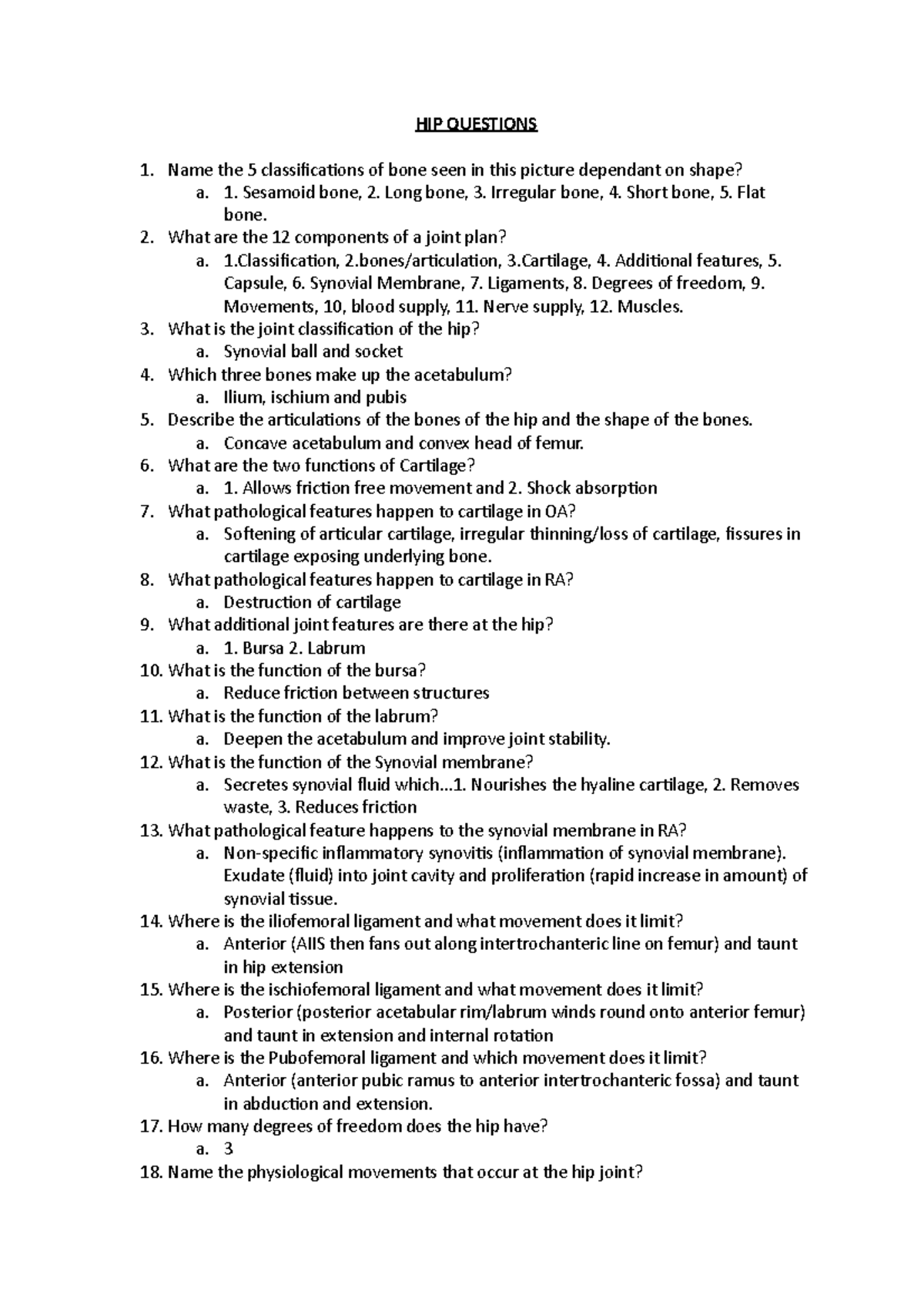 Hip and Knee Questions and Answers - HIP QUESTIONS Name the 5 ...