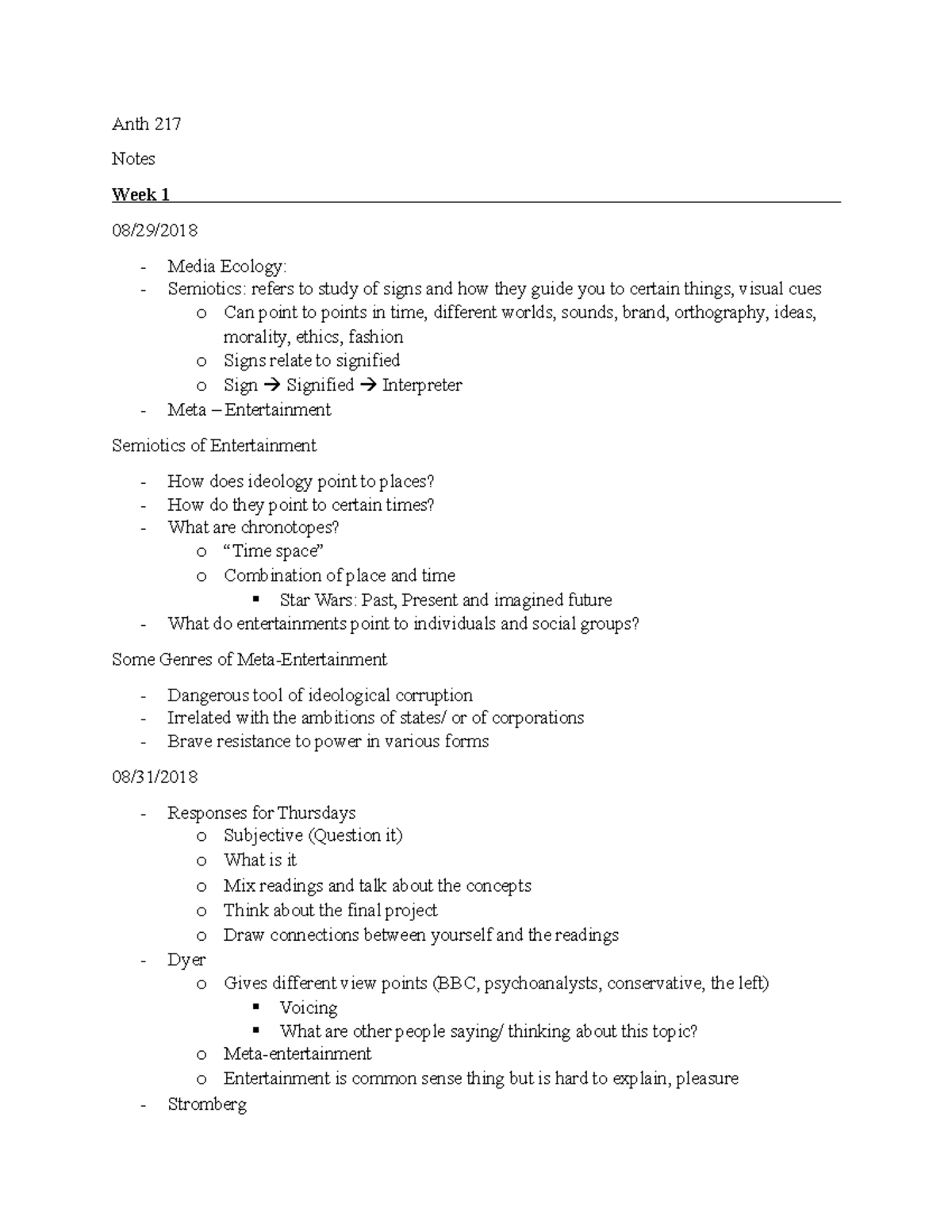 ANTH217 Notes - Anth 217 Notes Week 1 08/29/ Media Ecology: Semiotics ...