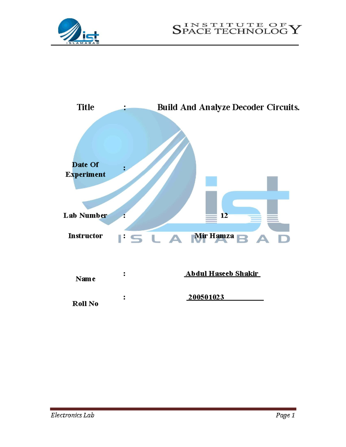 Lab 12 (Construction and Analysis of Decoder Circuits - Electronics Lab ...