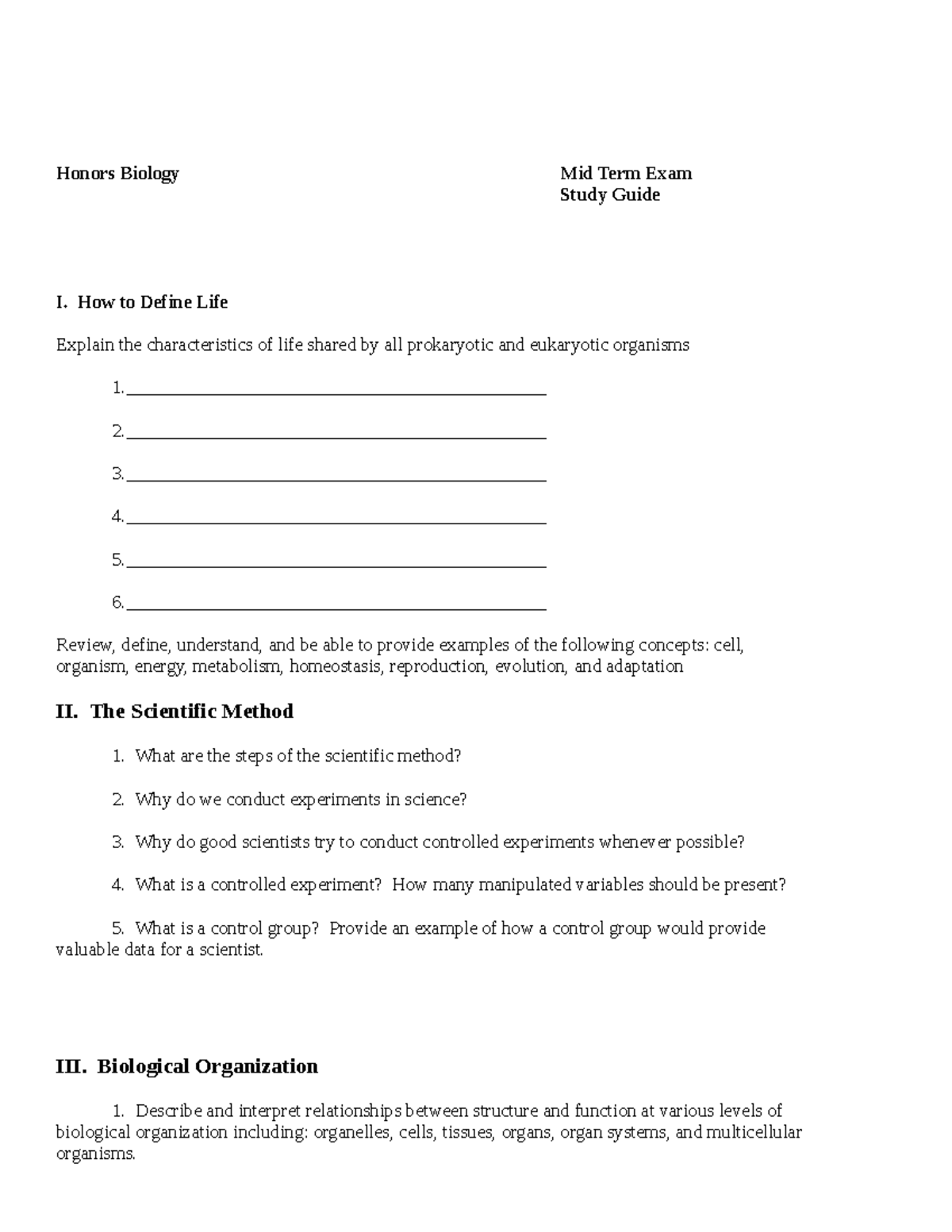 2020 Biology Midterm Review - Honors Biology Mid Term Exam Study Guide ...