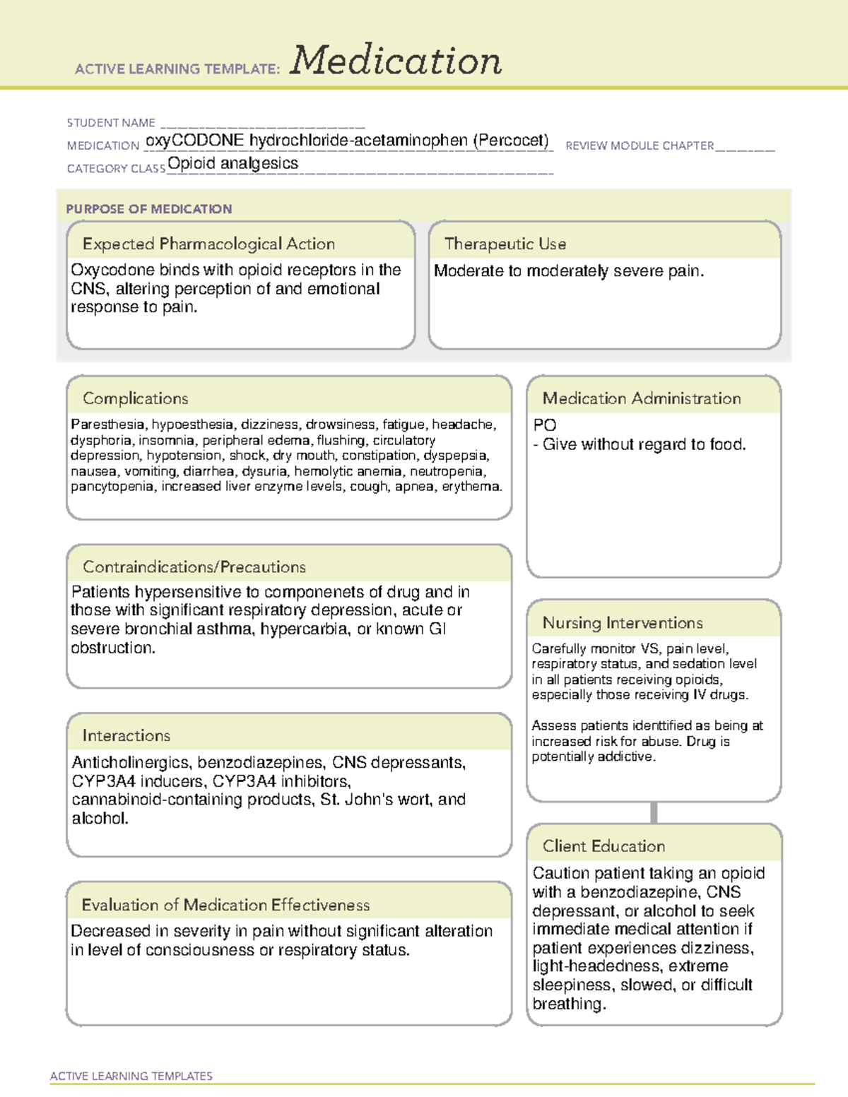 Percocet Medication Template - ACTIVE LEARNING TEMPLATES Medication ...