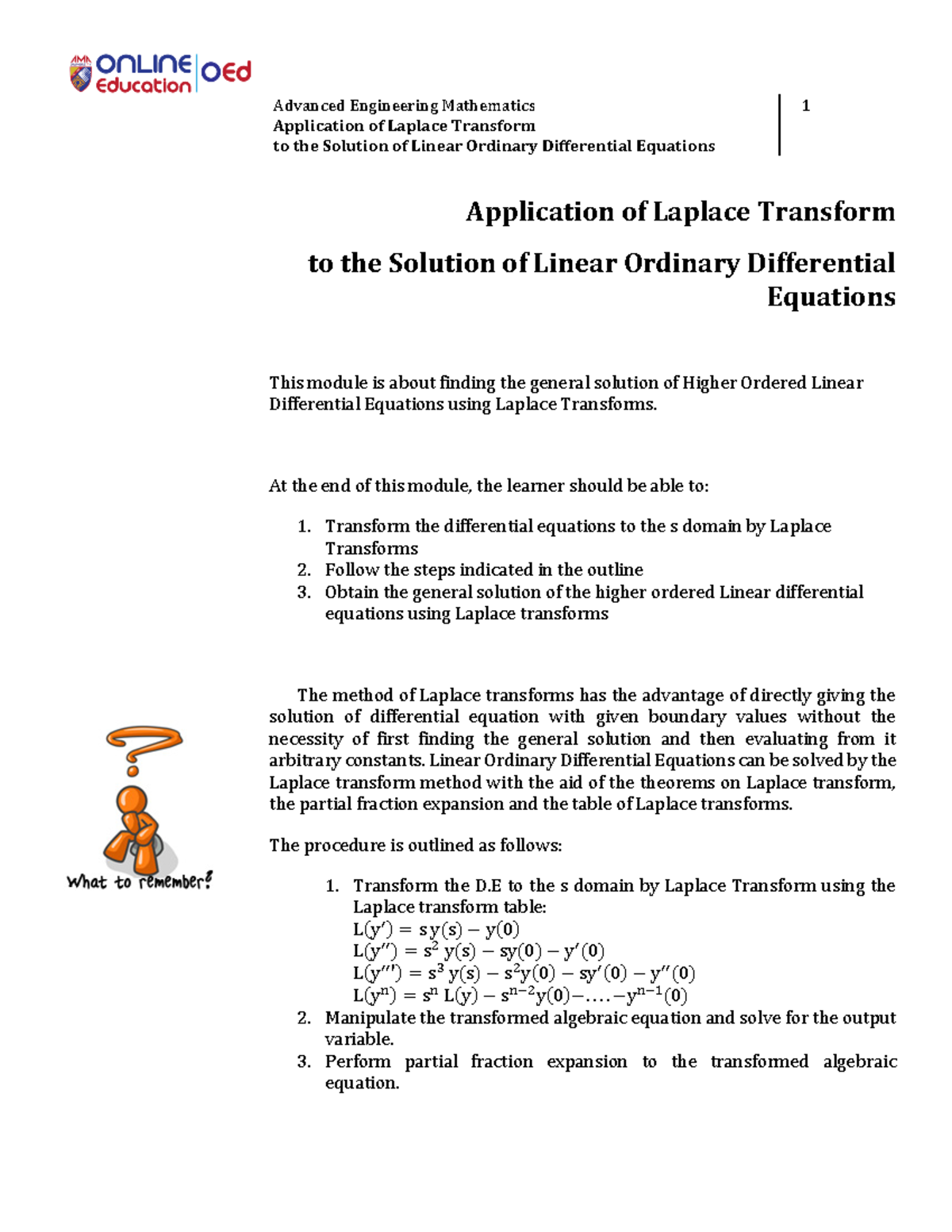 Week 8 - Application of Laplace Transform - Application of Laplace ...