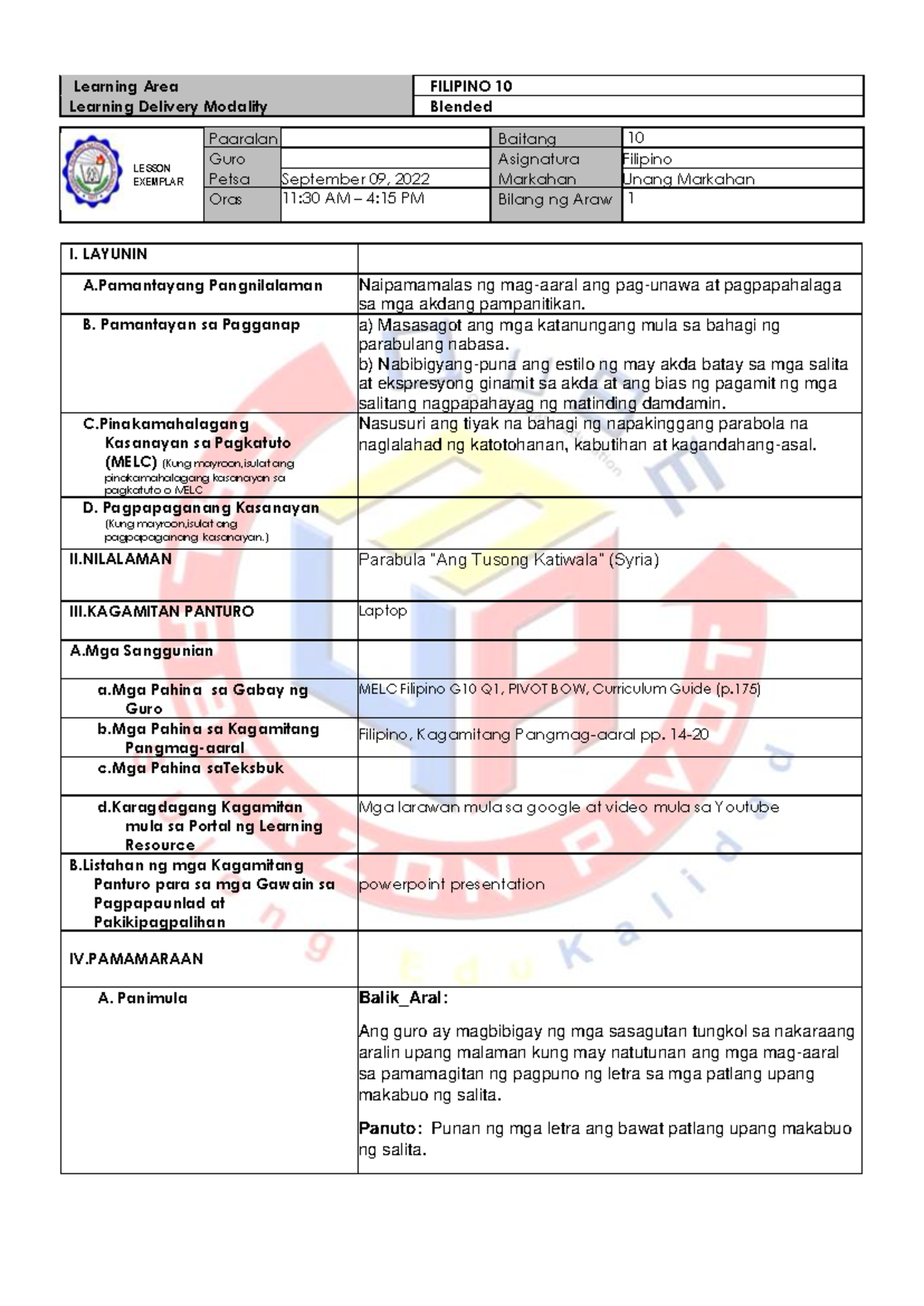 Lesson Exemplar(COT Fil10 Parabula Ang Tusong Katiwala) - - Studocu