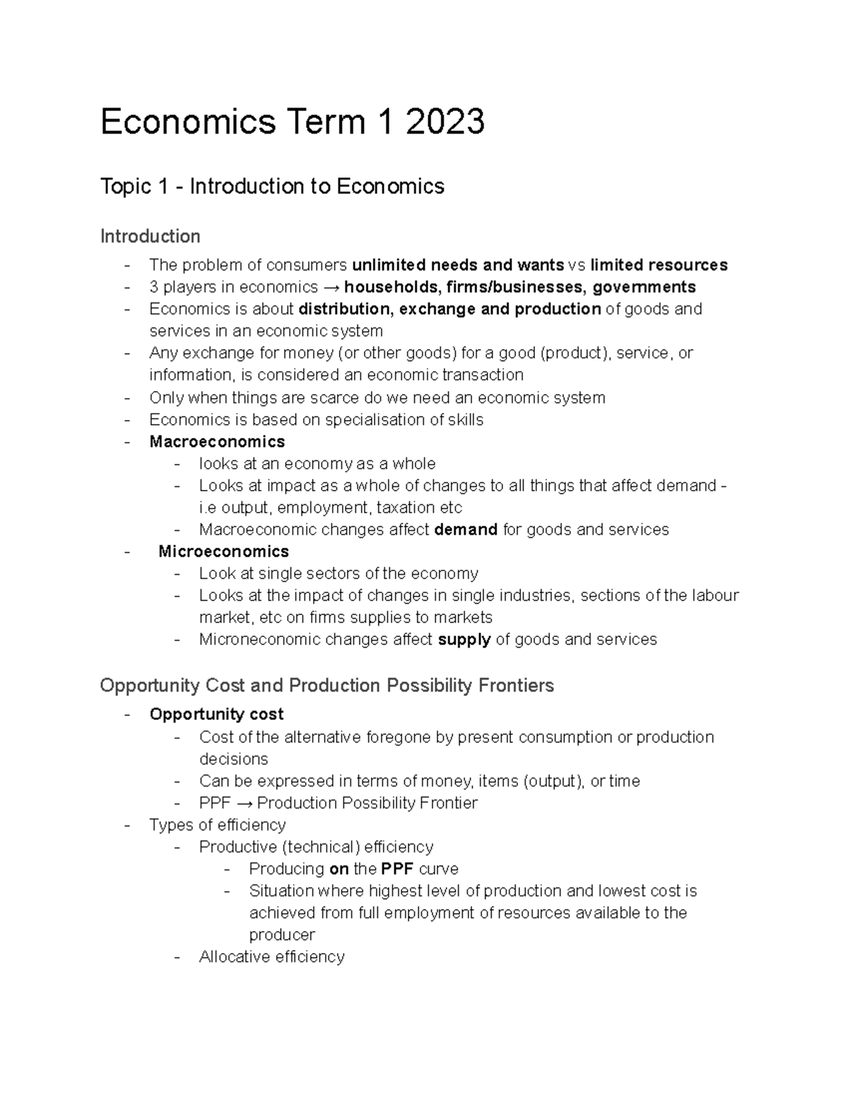 Economics Notes Year 11 - Economics Term 1 2023 Topic 1 - Introduction ...