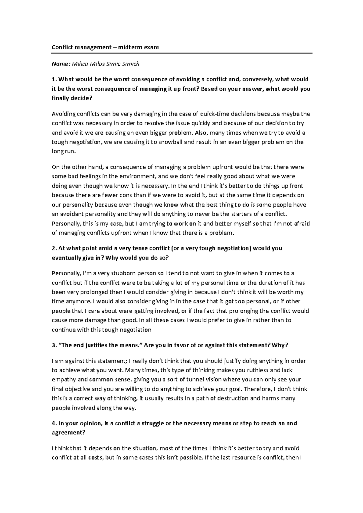Written exam - mandatory exam - Conflict management – midterm exam Name ...