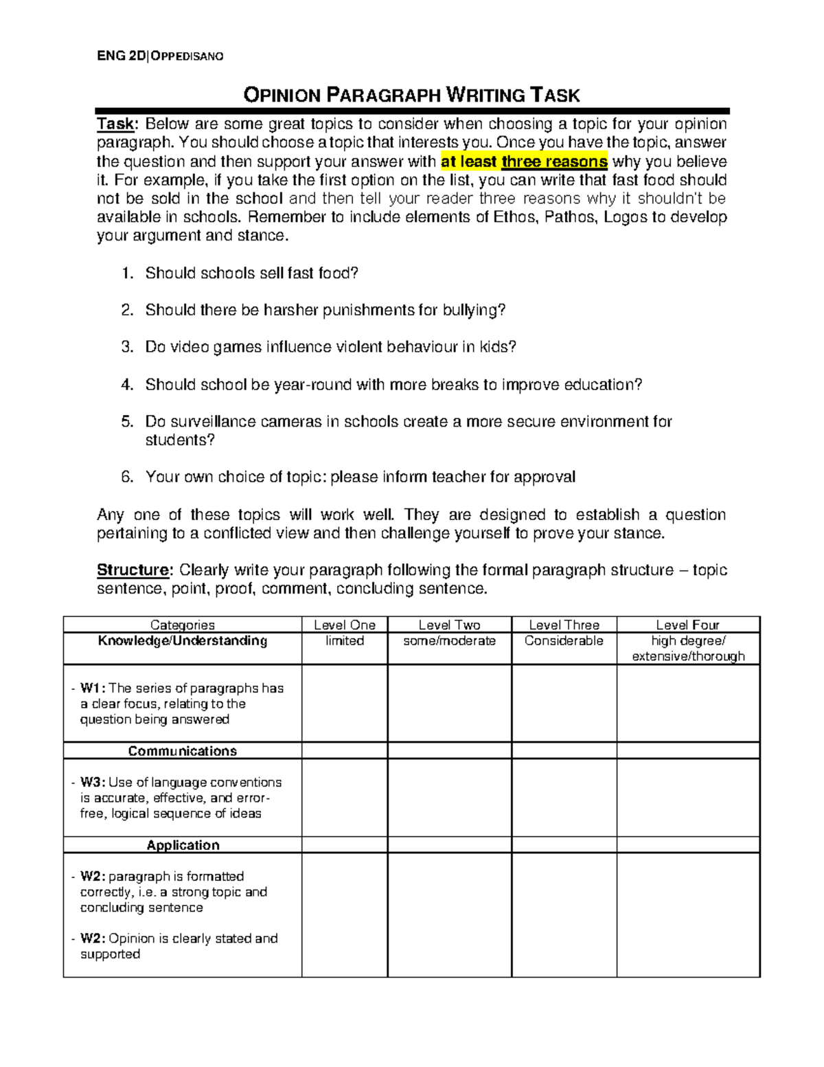 Opinion Paragraph Task - ENG 2D|OPPEDISANO OPINION PARAGRAPH WRITING ...