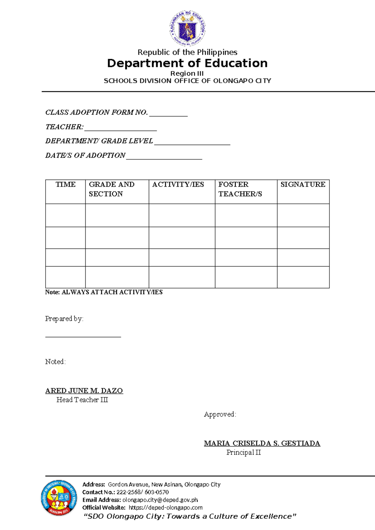 Class Adoption Form - for attachements - Address: Gordon Avenue, New ...