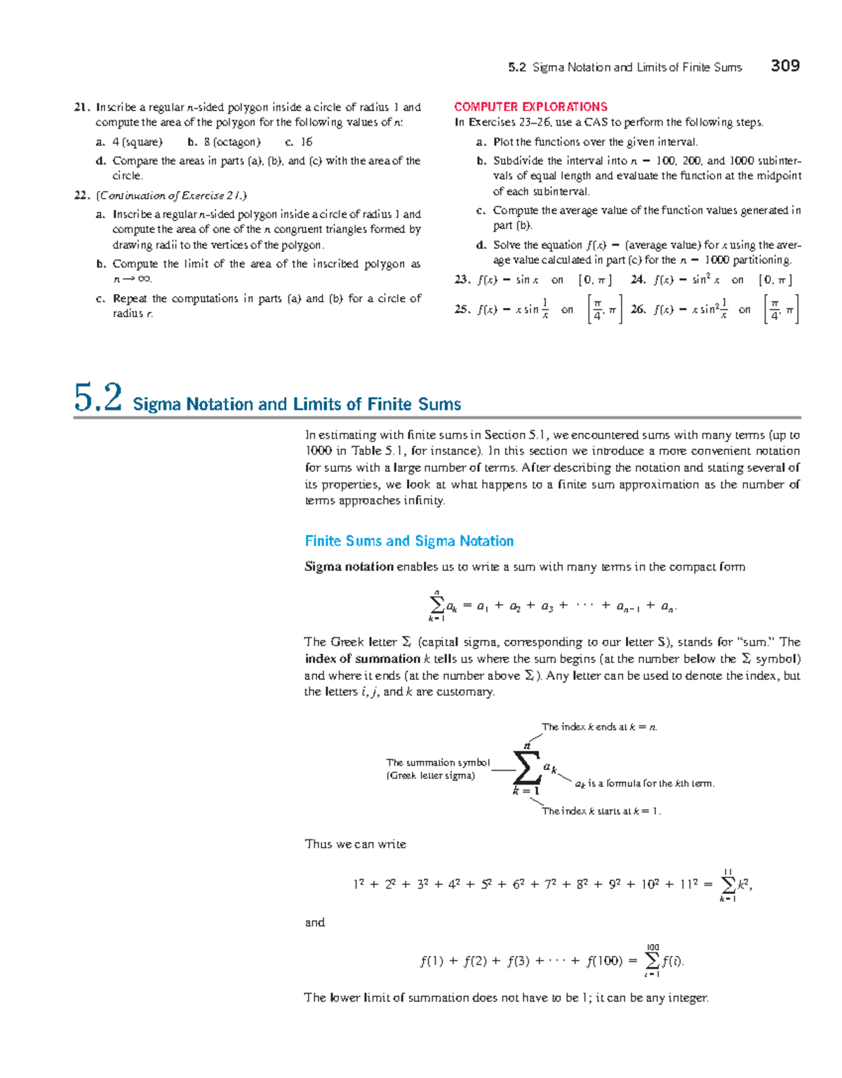 Math ch5-2 - math work - 5 Sigma Notation and Limits of Finite Sums 309 21. Inscribe a regular ...