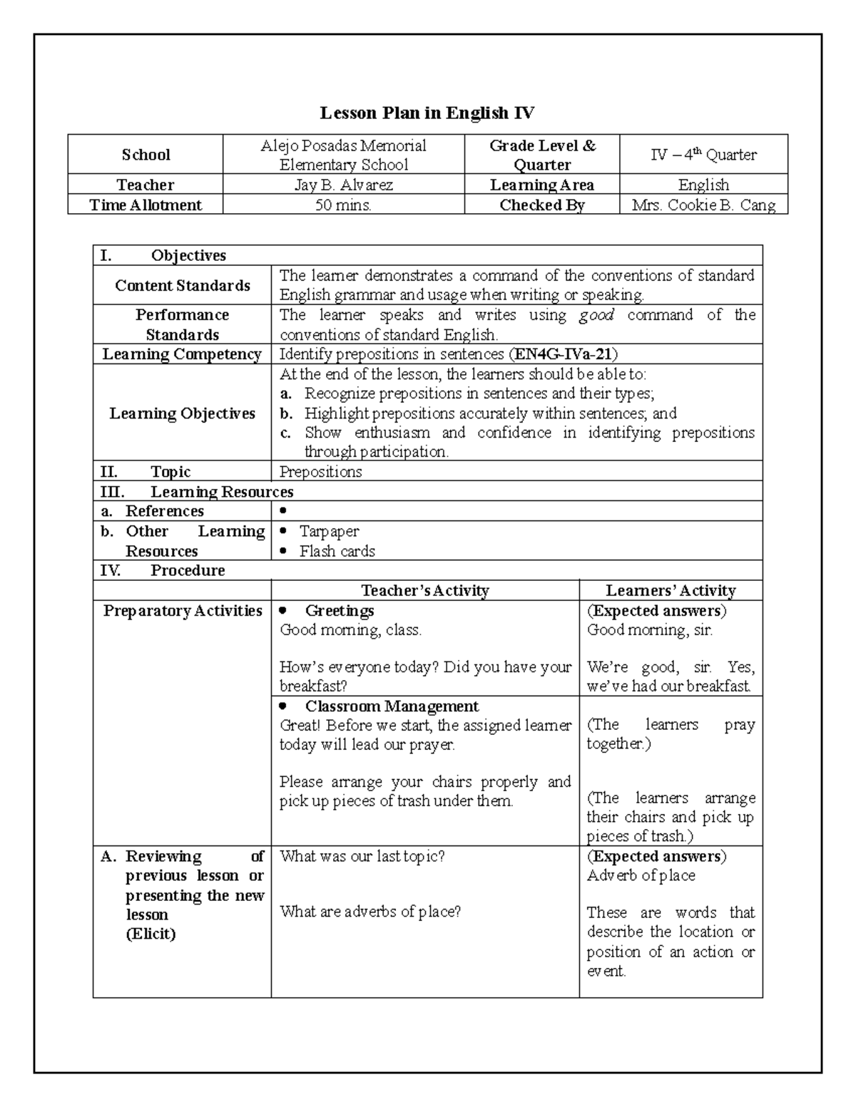 English Lesson Plan Prepositions - Lesson Plan in English IV School ...
