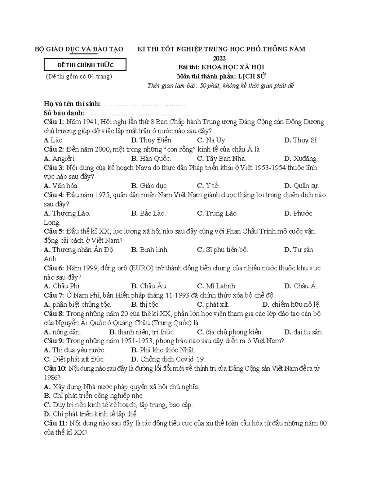 6 ĐỀ ÔN TRƯỚC THI ko DA - Ghjkk - BỘ GIÁO DỤC VÀ ĐÀO TẠO (Đề thi gồm có ...