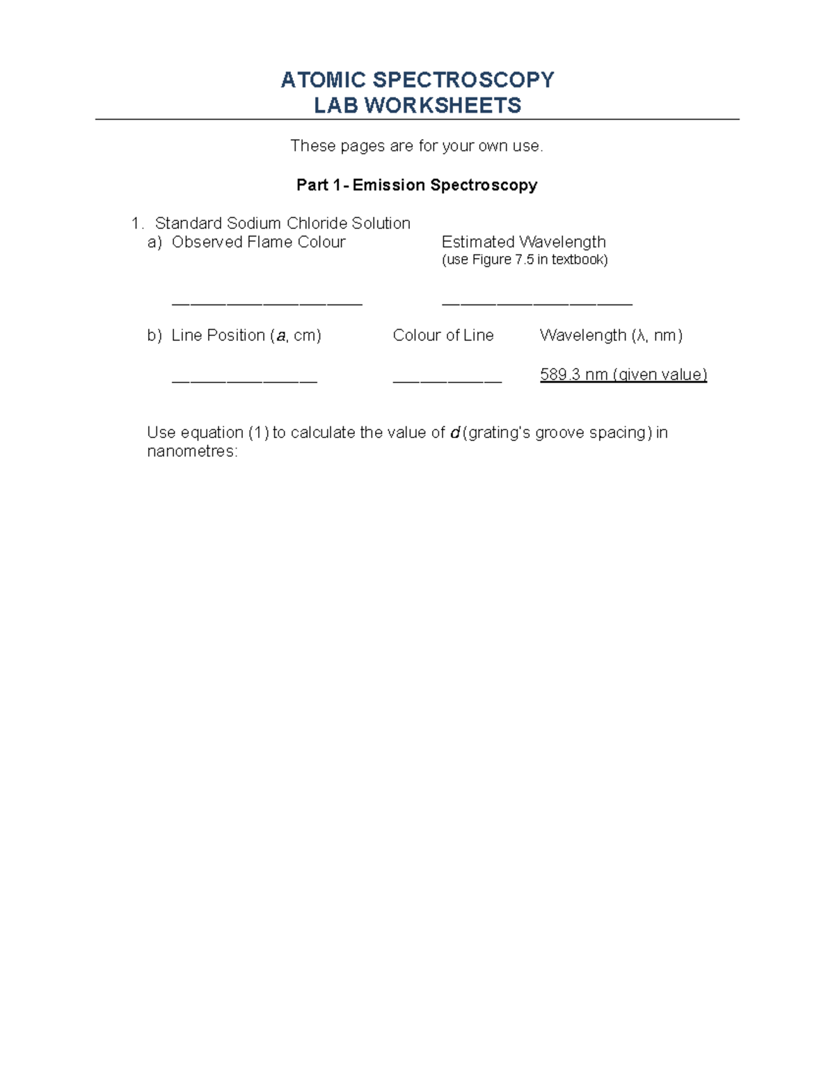 Atomic Spectroscopy Worksheets - LAB WORKSHEETS These pages are for ...