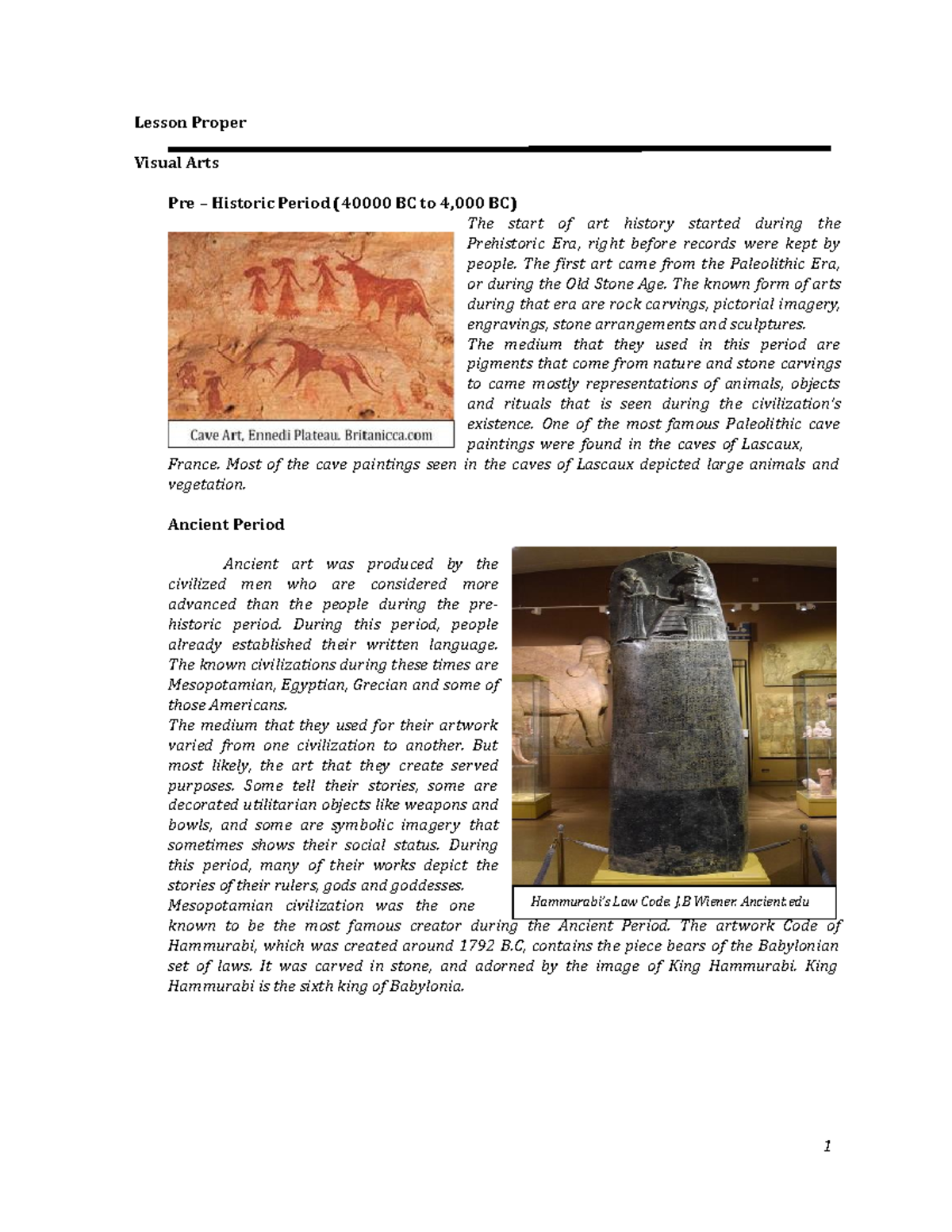 Art Appreciation - 1 Lesson Proper Visual Arts Pre – Historic Period ...