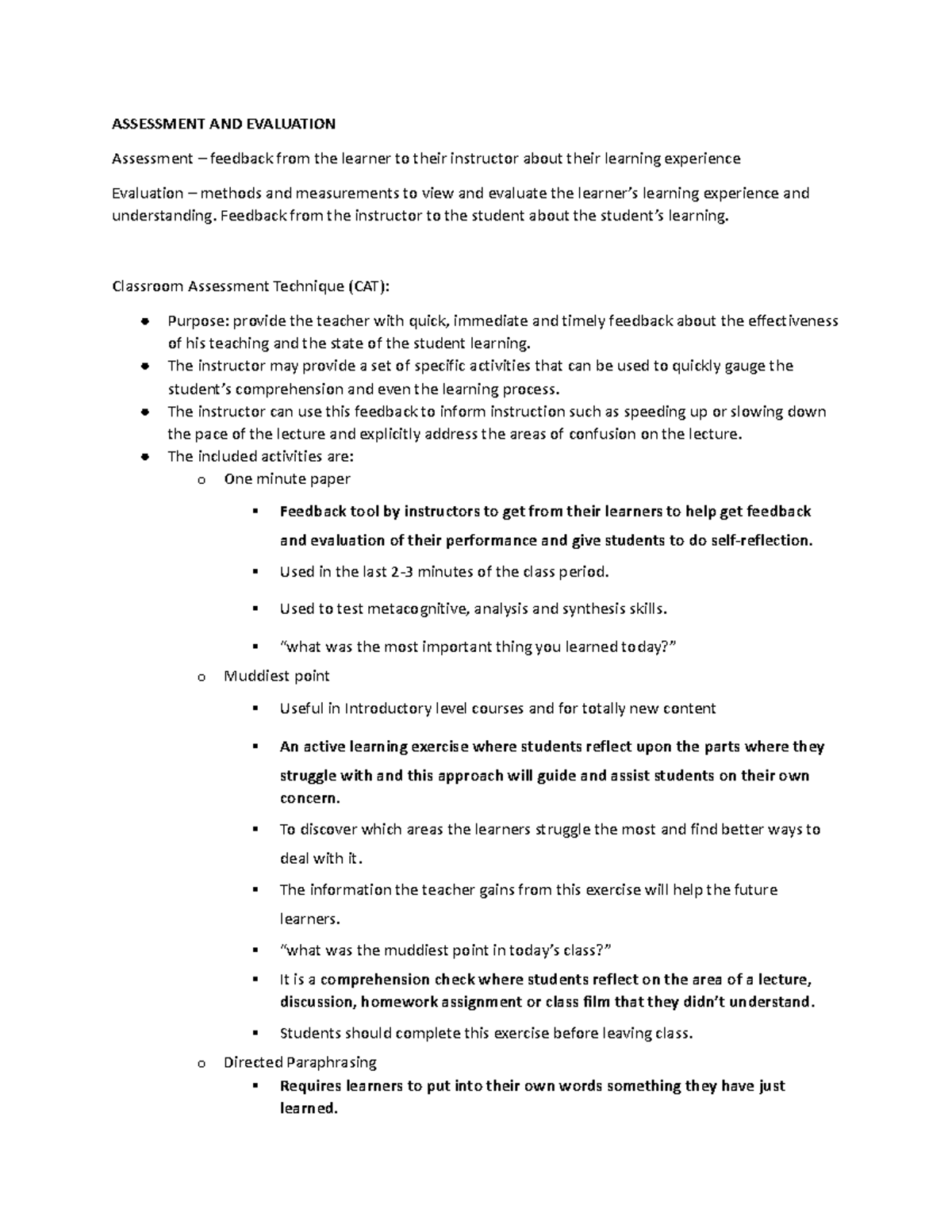 Nursing - Assessment and Evaluation Notes - ASSESSMENT AND EVALUATION ...