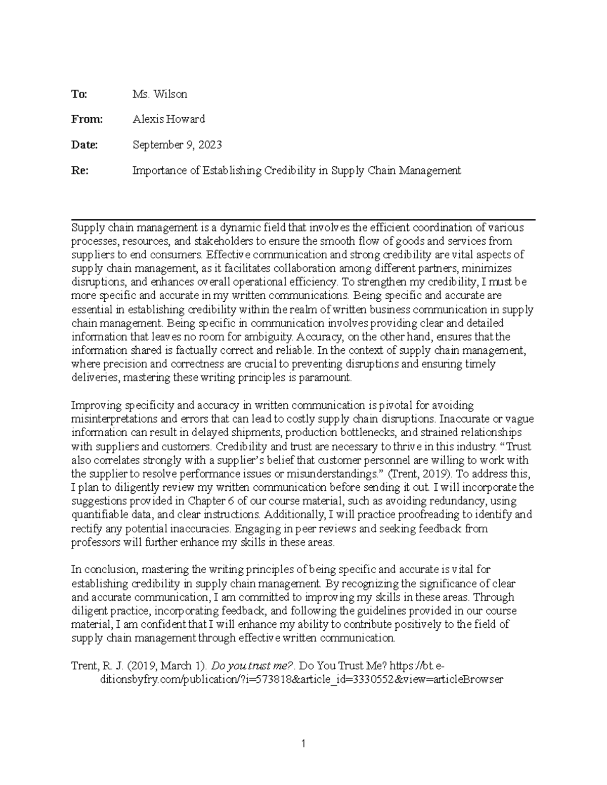 Credibility Memo - Supply chain management is a dynamic field that ...
