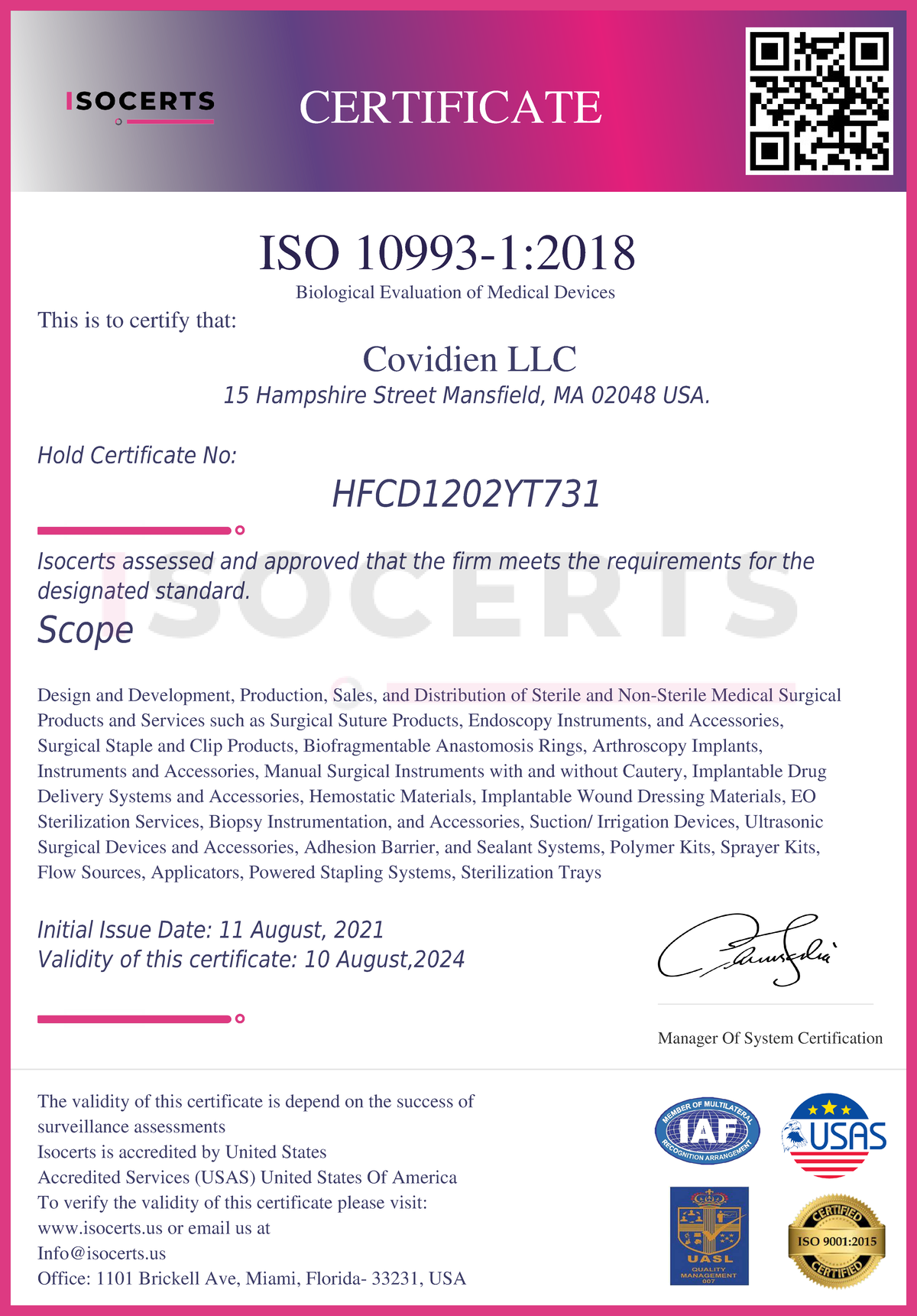 Certificate - TEST - CERTIFICATE ISO 10993-1: Biological Evaluation of ...