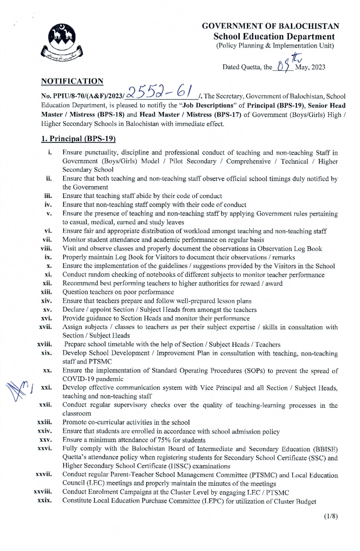 Job Description of Principal, Senior HM and HM of High or HS School ...