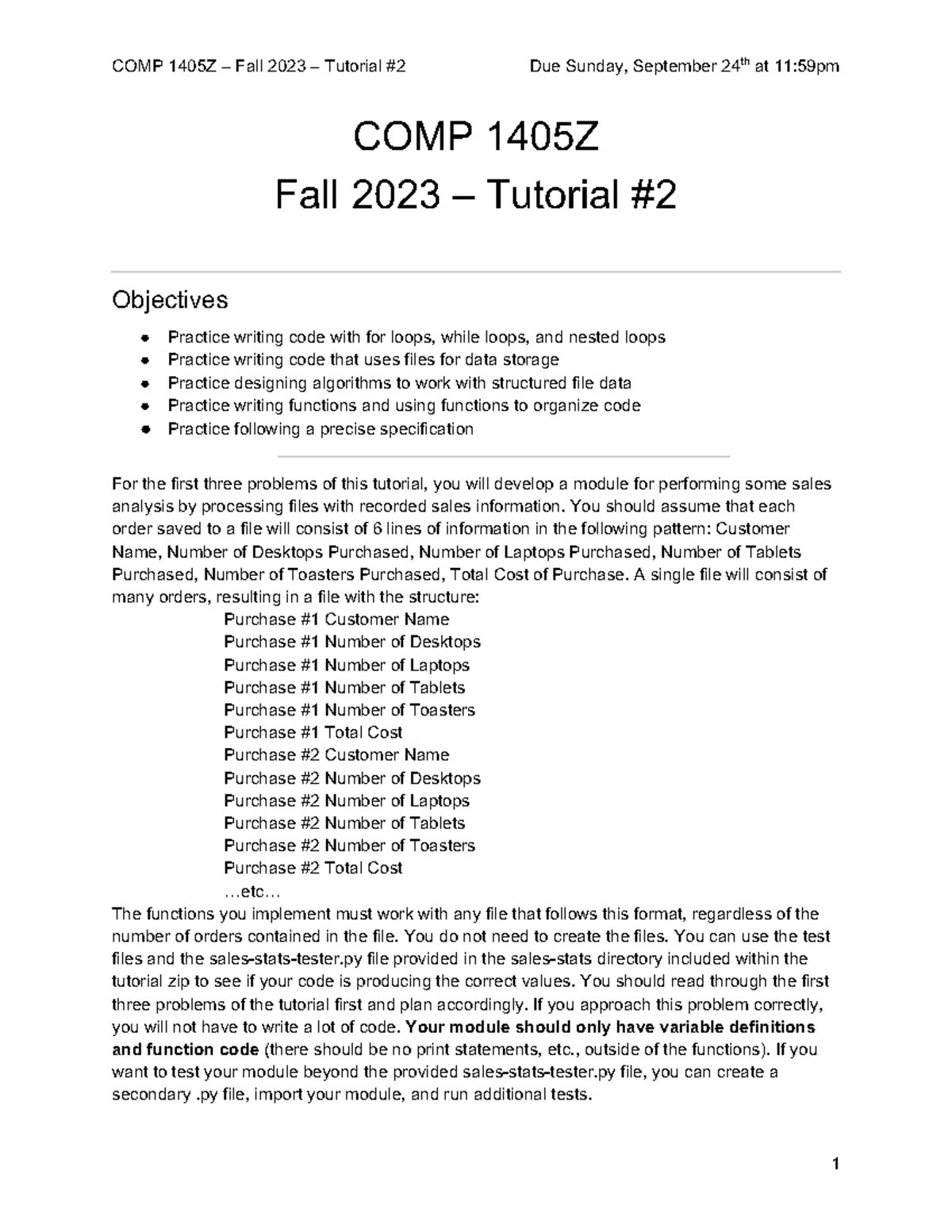 COMP1405 Z-F23-Tutorial 2 - COMP 1405Z – Fall 2023 – Tutorial #2 Due Sunday, September 24th at ...