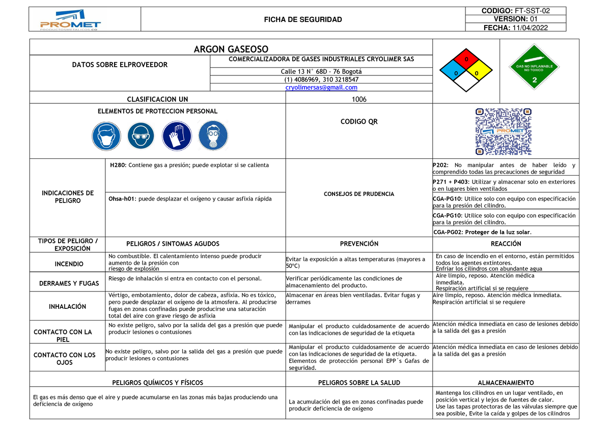 FDS Argon Y TARJETA DE EMERGENCIA - FICHA DE SEGURIDAD CODIGO: FT-SST ...