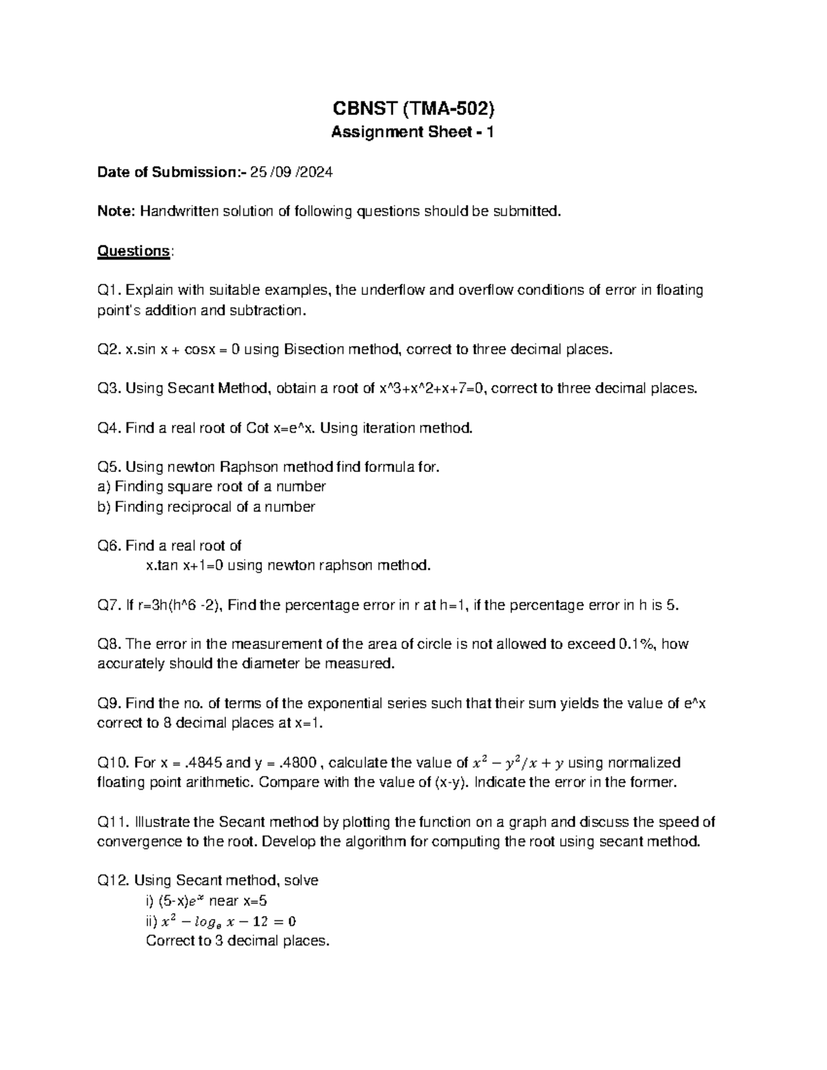Cbnst Assignment-1 - assignment - CBNST (TMA-502) Assignment Sheet - 1 ...