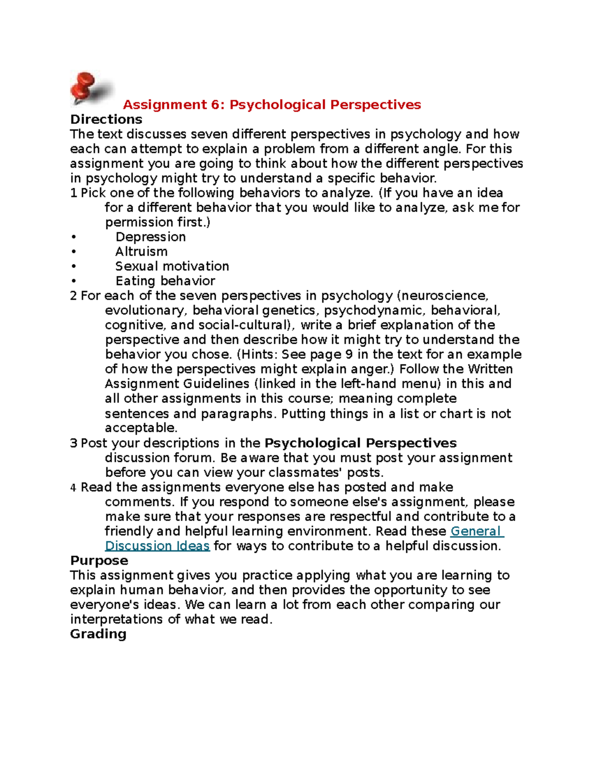 First Assignment - Assignment 6: Psychological Perspectives Directions ...