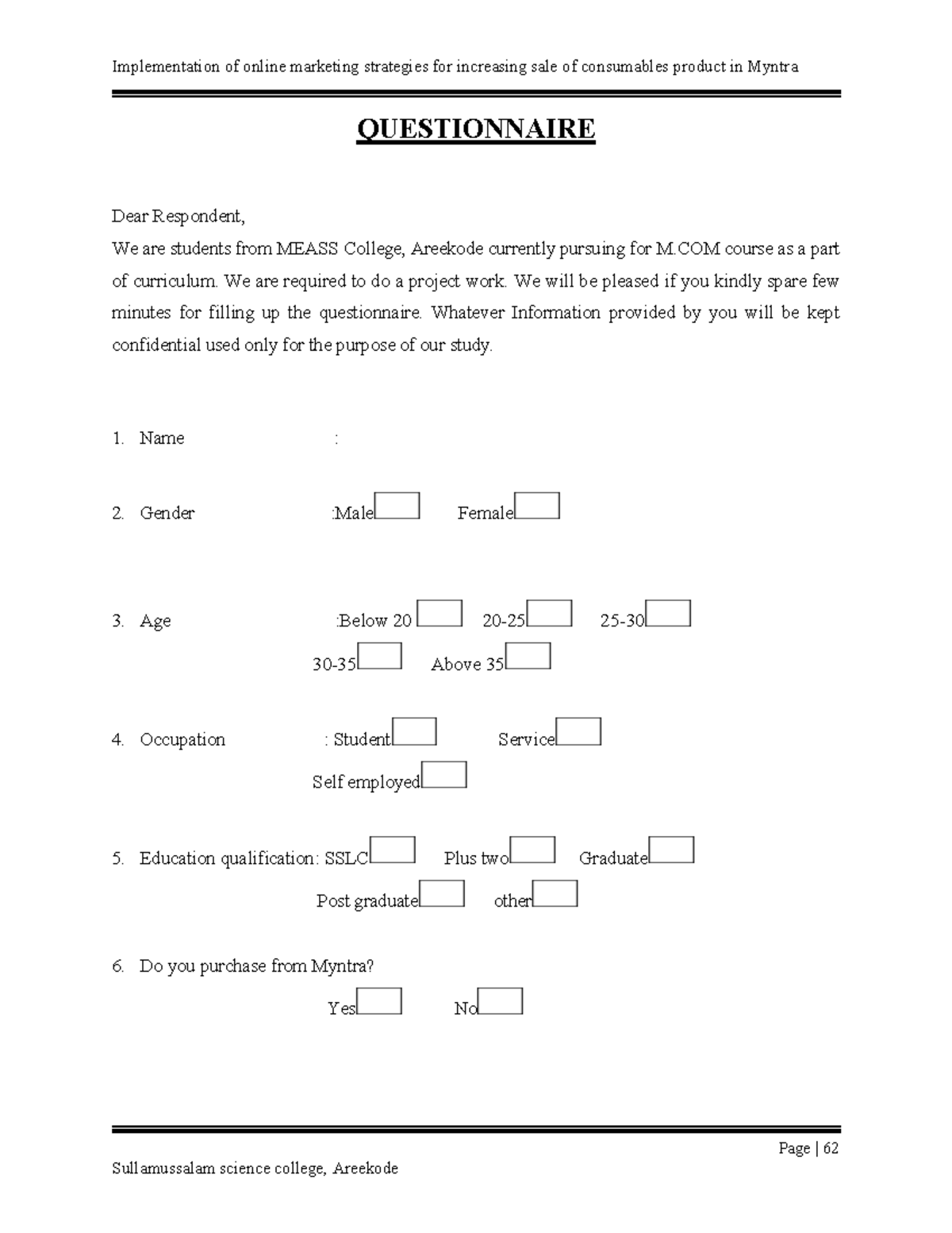 Online- Marketing- Strategies-OF- Myntra 2 - QUESTIONNAIRE Dear ...