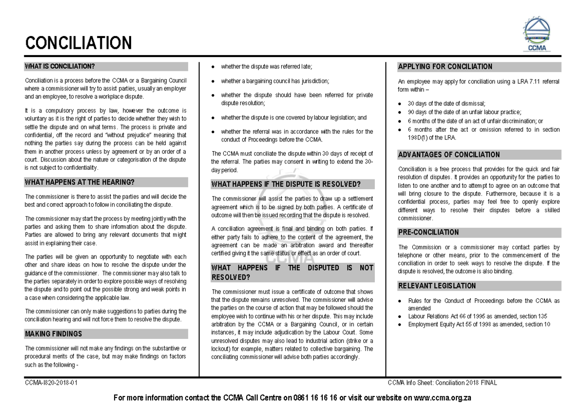 Conciliation Info Sheet CCMA-I820-2018-01 - CONCILIATION CCMA-I820-2018 ...