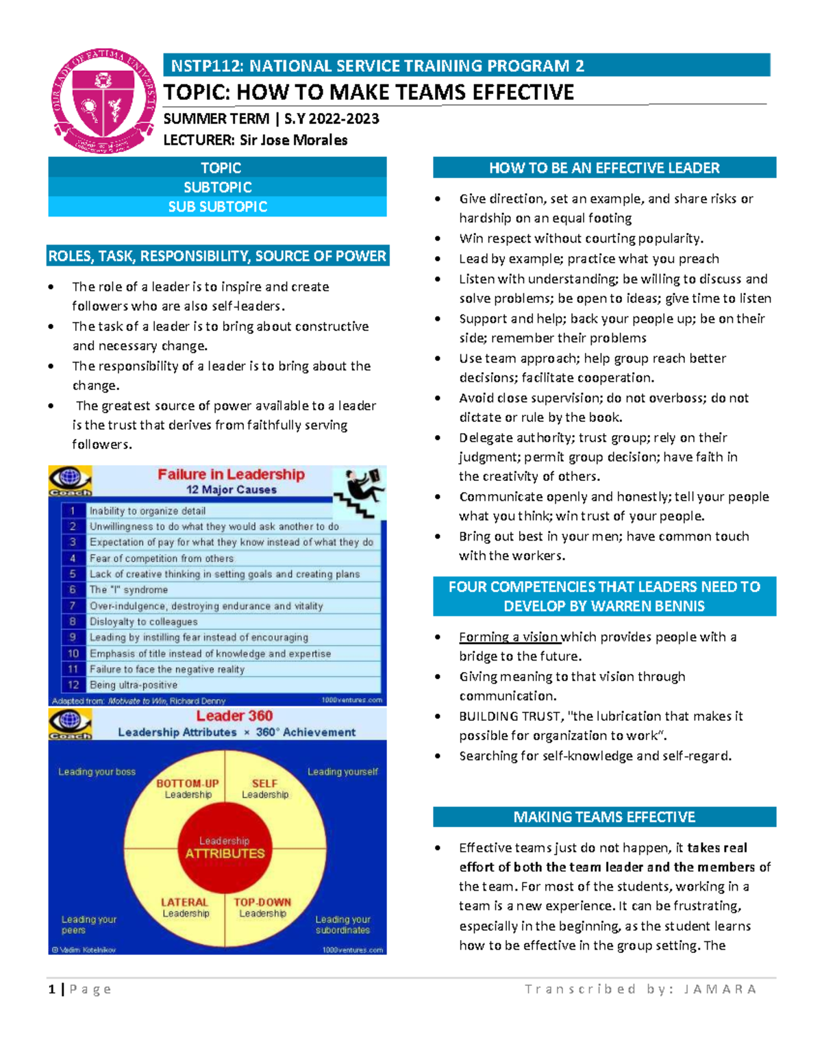 Lesson 3 - HOW TO MAKE Teams Effective & Leadership - 1 | P a g e T r a ...