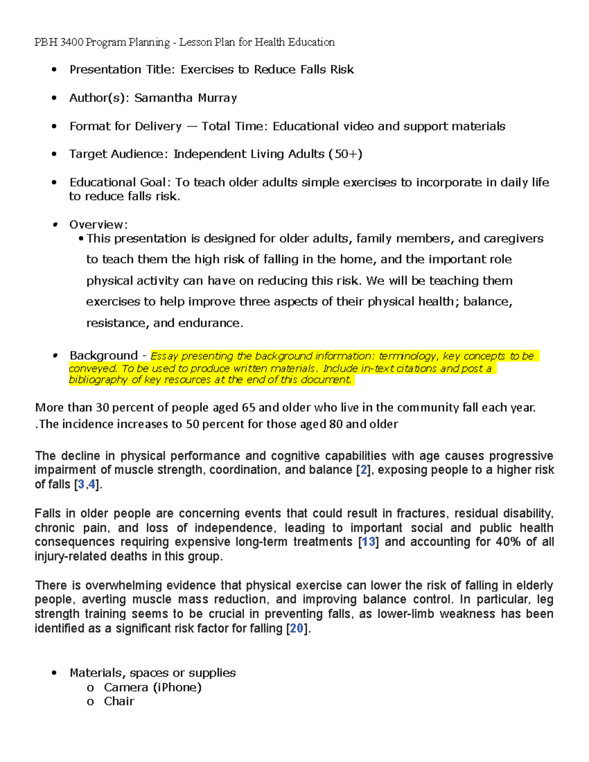 Lesson Plan Template - PBH 3400 Program Planning - Lesson Plan for ...