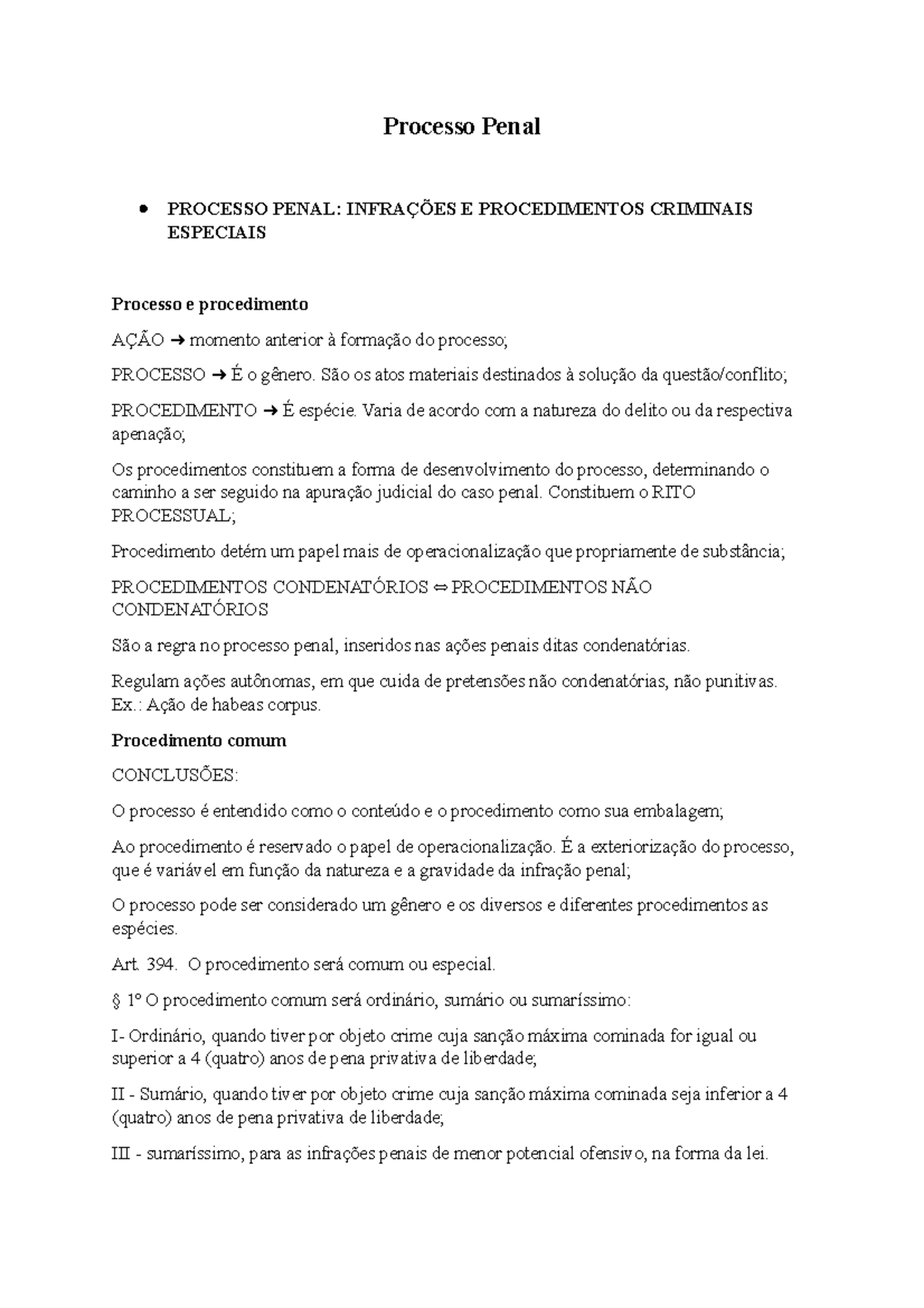 Processo Penal - Procedimento comum ordinário e sumário - Processo ...